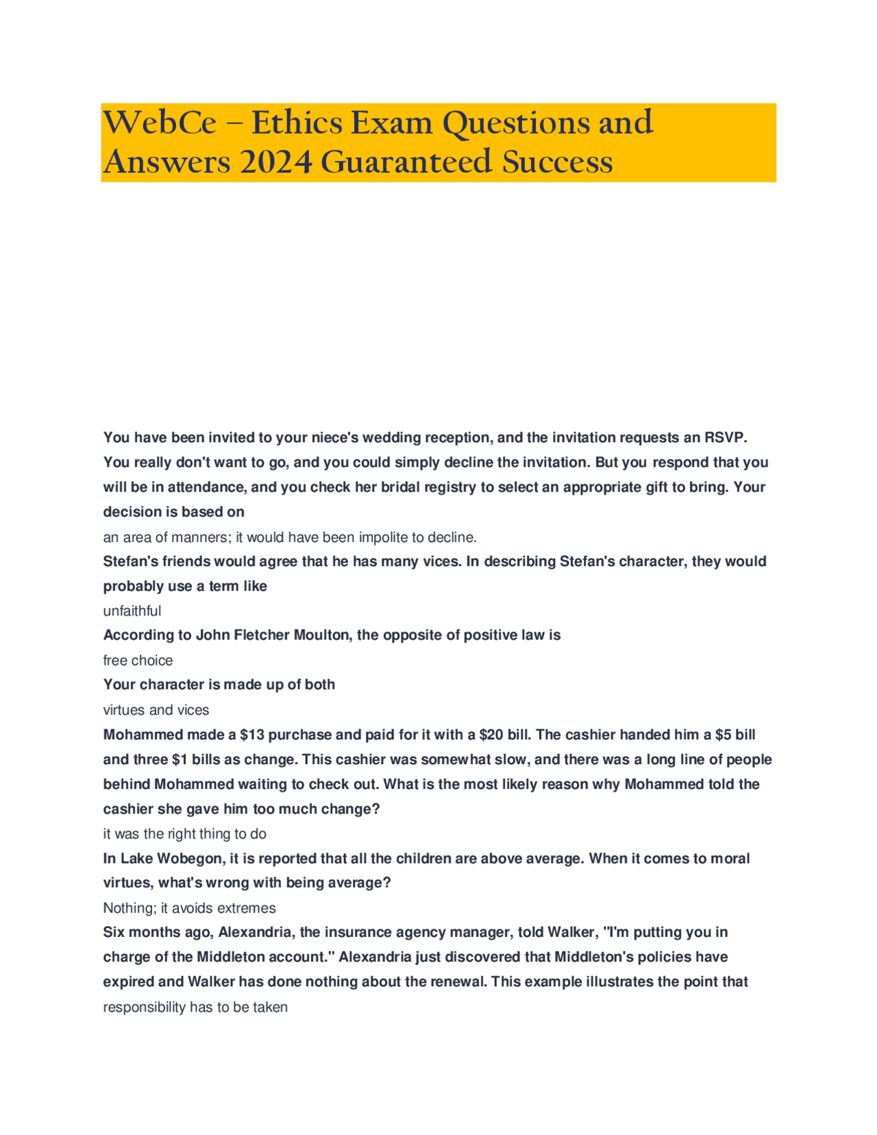 Ethics Exam Questions and Answers 2024 | Exams Insurance law | Docsity