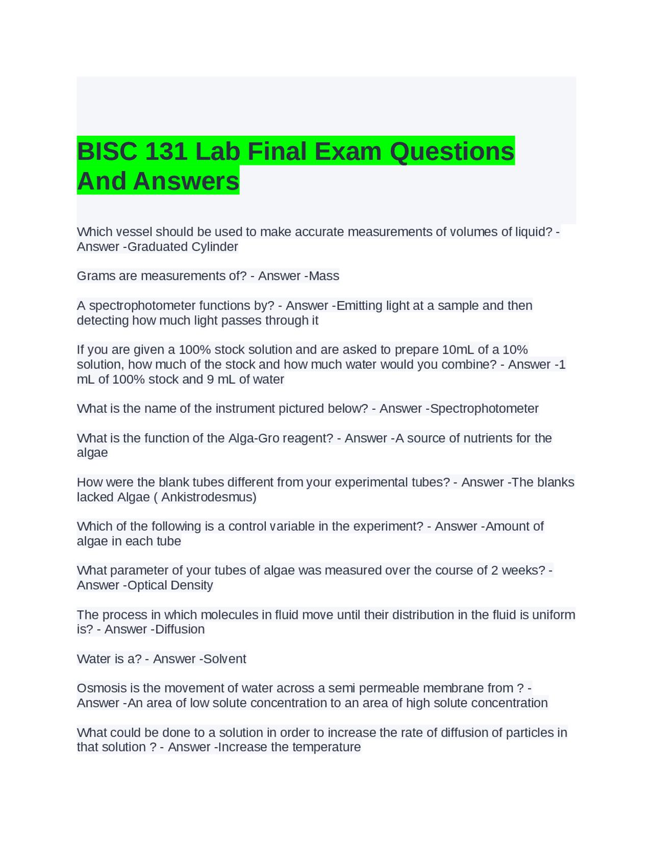 BISC 131 Lab Final Exam Questions and Answers | Exams Biology | Docsity