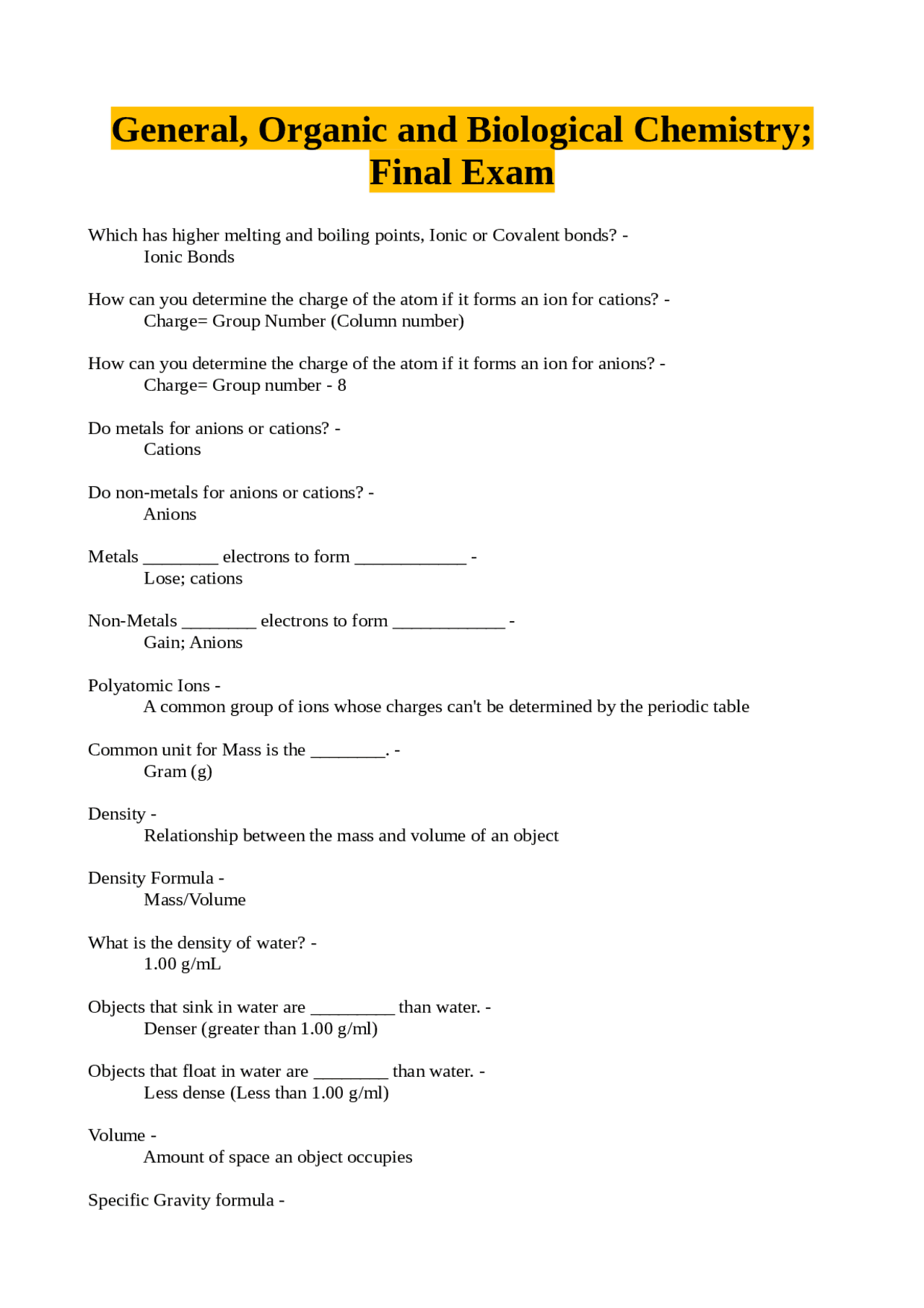 General, Organic and Biological Chemistry Final Exam | Exams ...