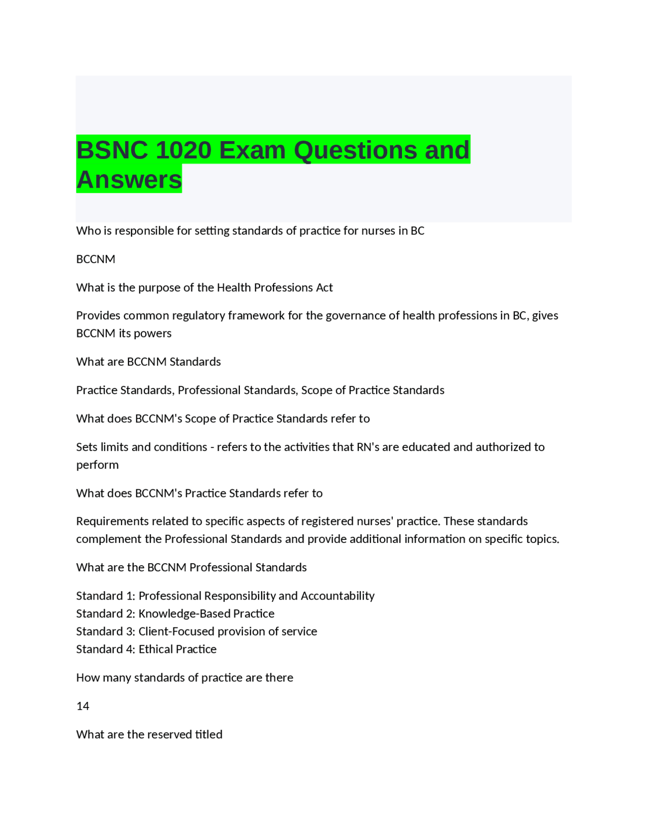 BSNC 1020 Exam Questions and Answers | Exams Advanced Education | Docsity