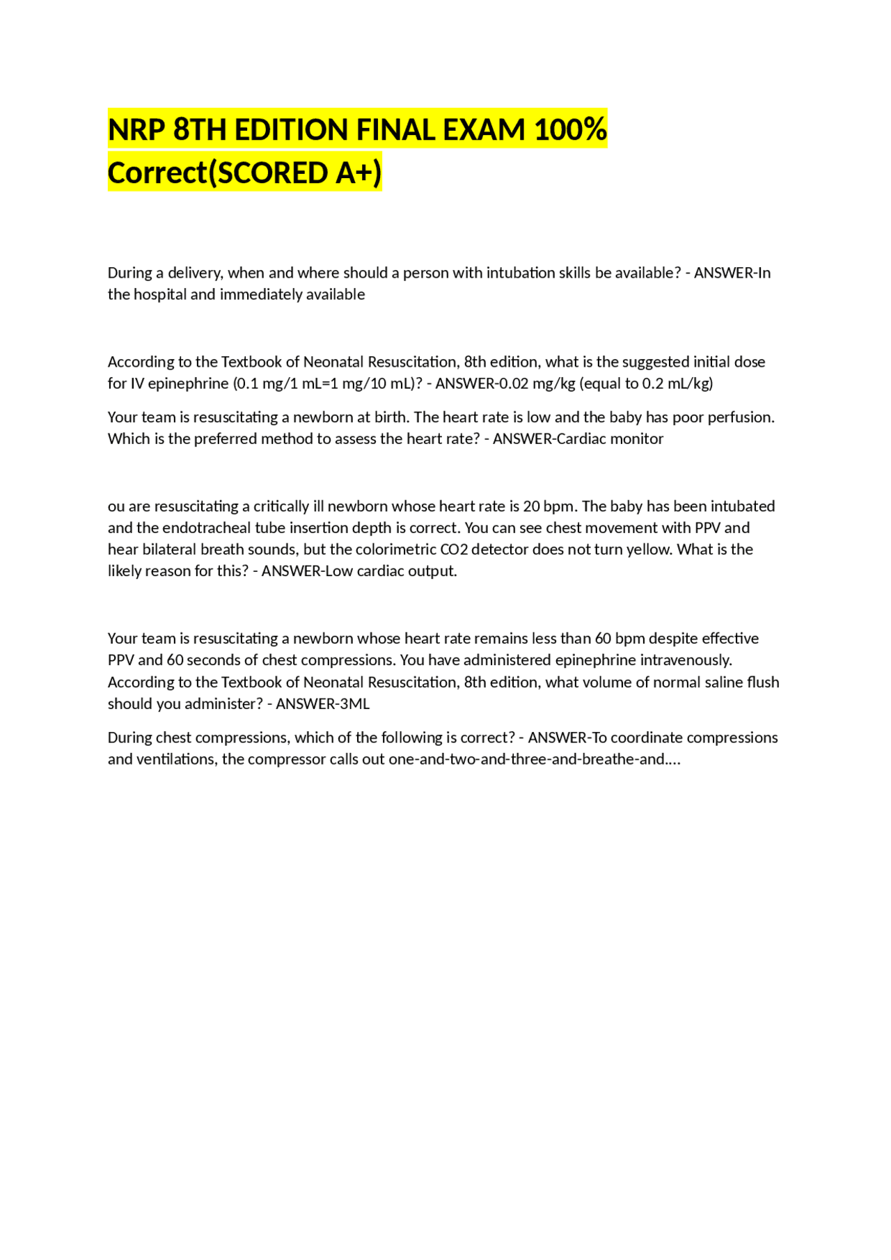 NRP 8TH EDITION FINAL EXAM 100% Correct(SCORED A+) | Exams Nursing ...