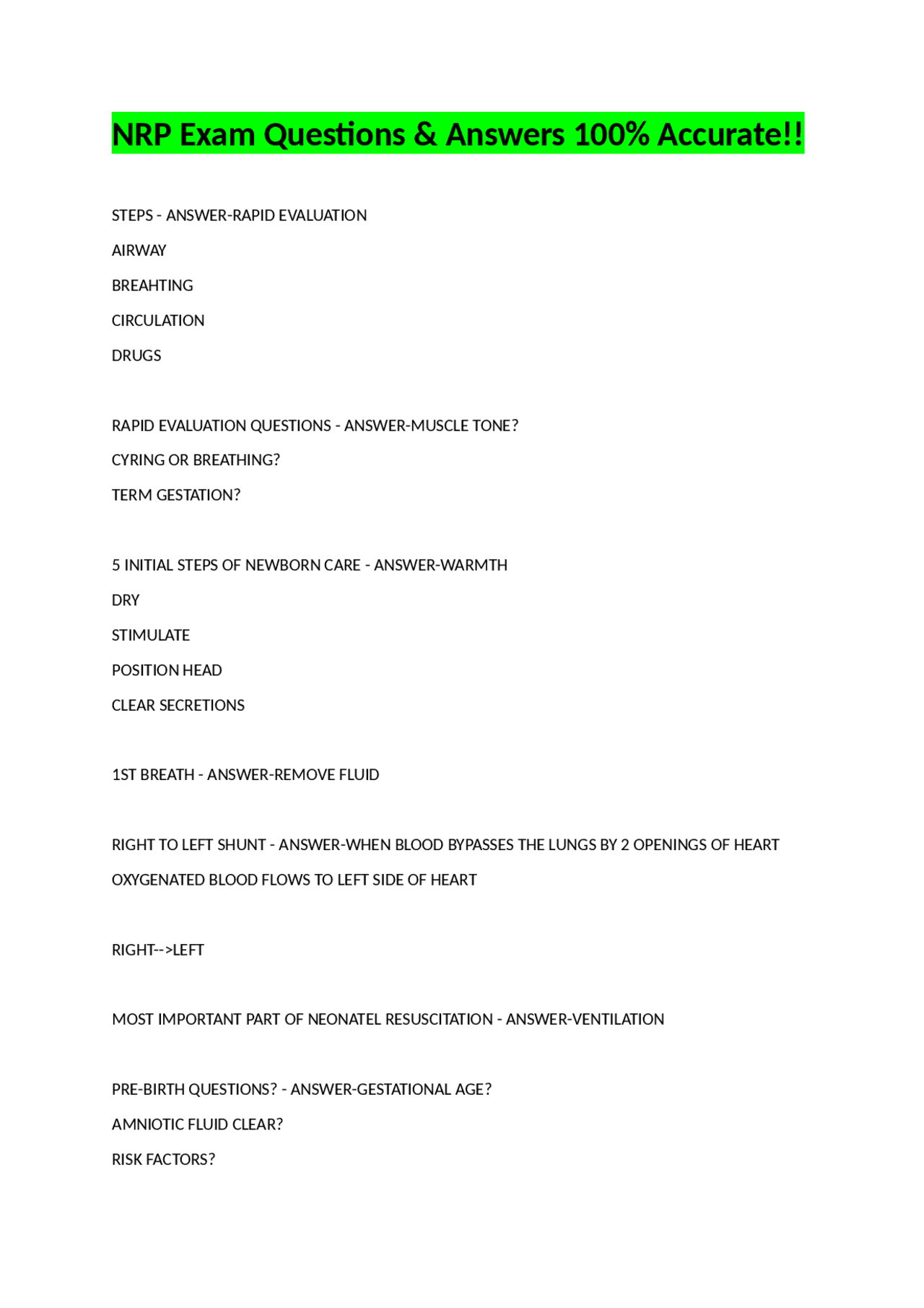 Neonatal Resuscitation Program (NRP) Exam Questions and Answers | Exams ...