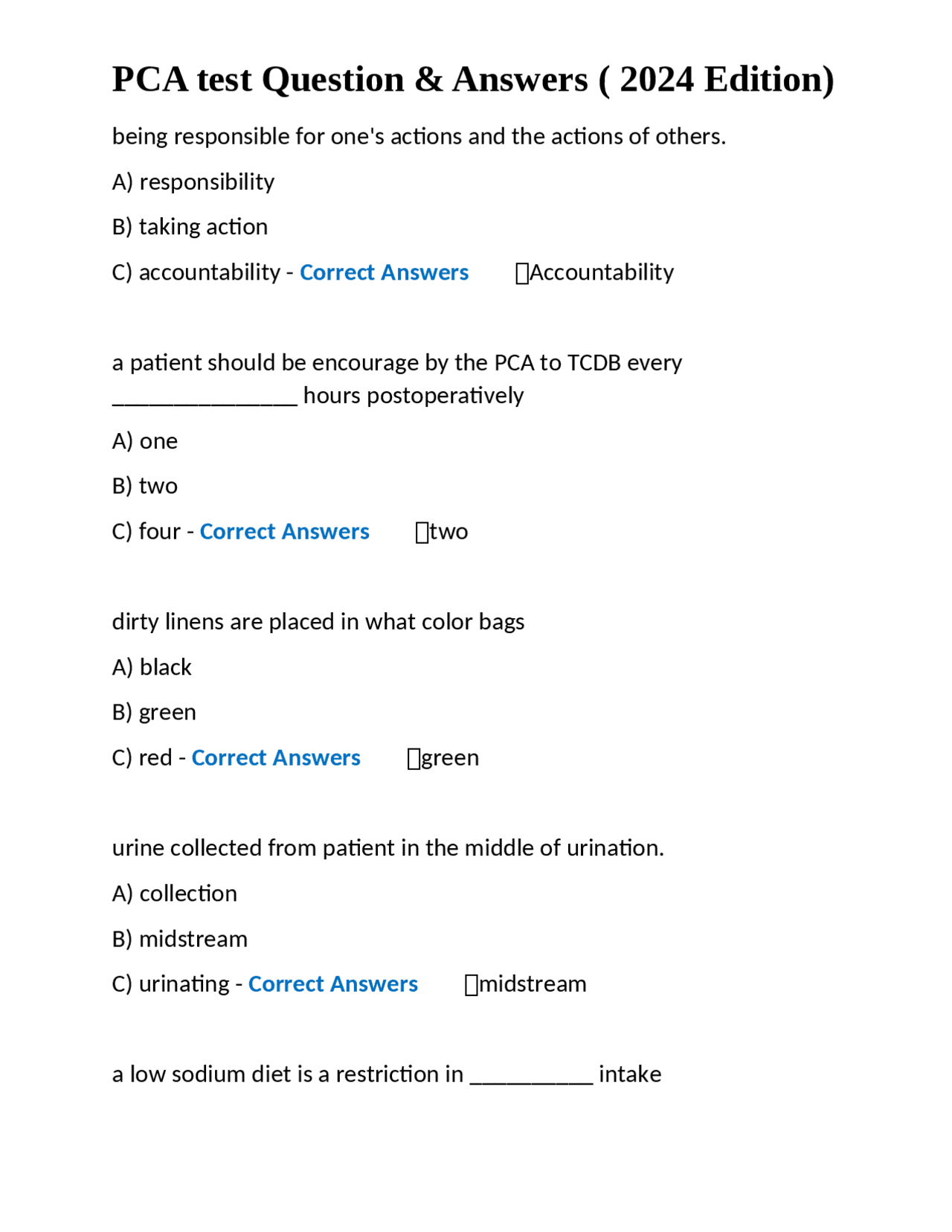 PCA Test Question & Answers (2024 Edition) | Exams Nursing | Docsity