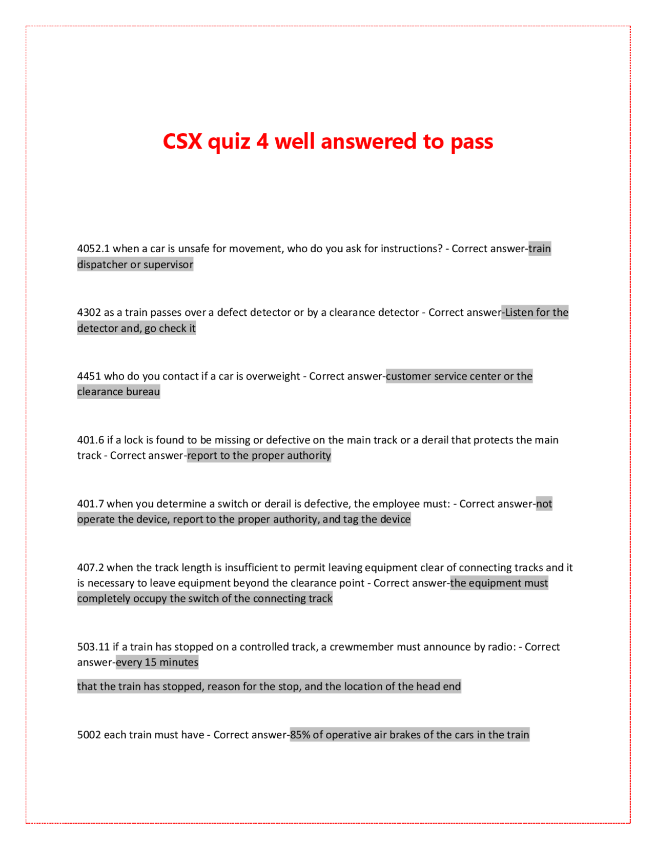 CSX Quiz 4: Comprehensive Answers for Safe Rail Operations | Exams ...