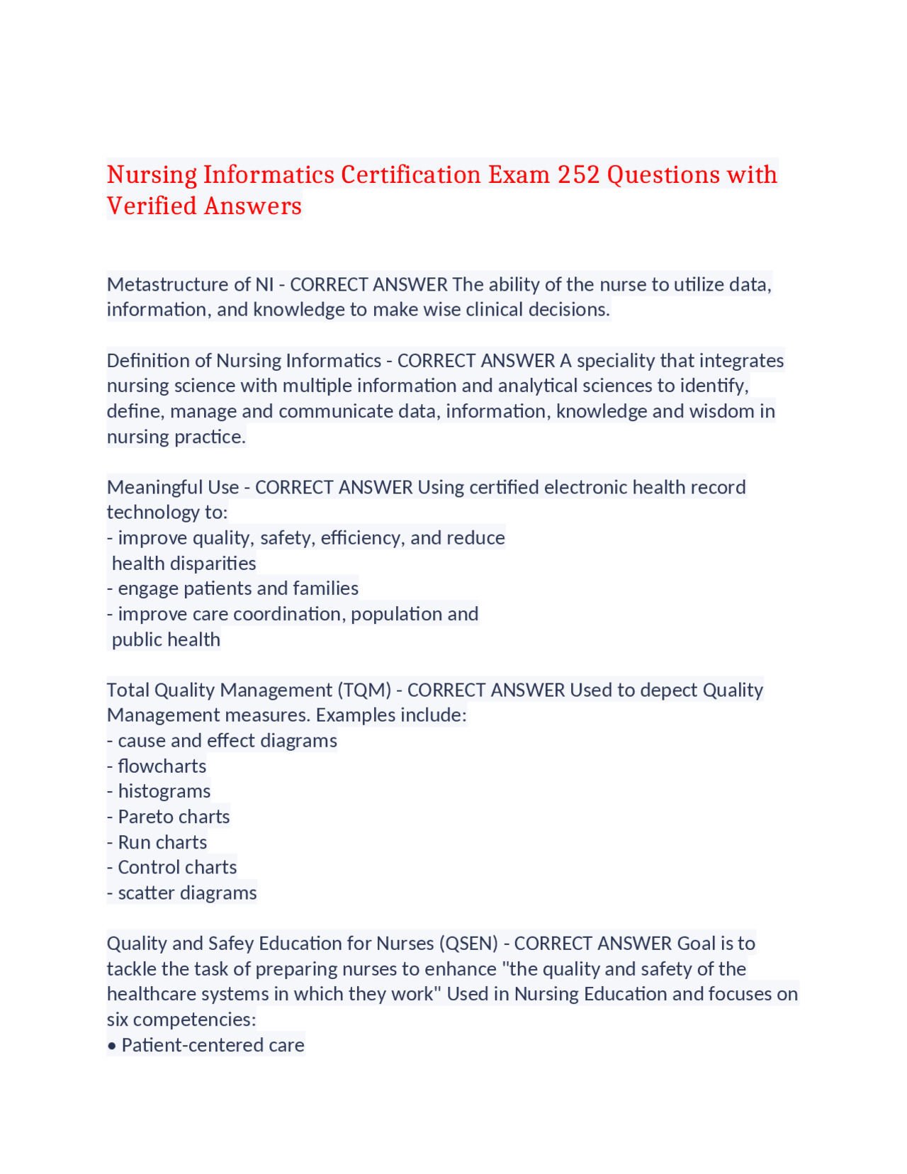 Nursing Informatics Certification Exam 252 Questions with Verified ...