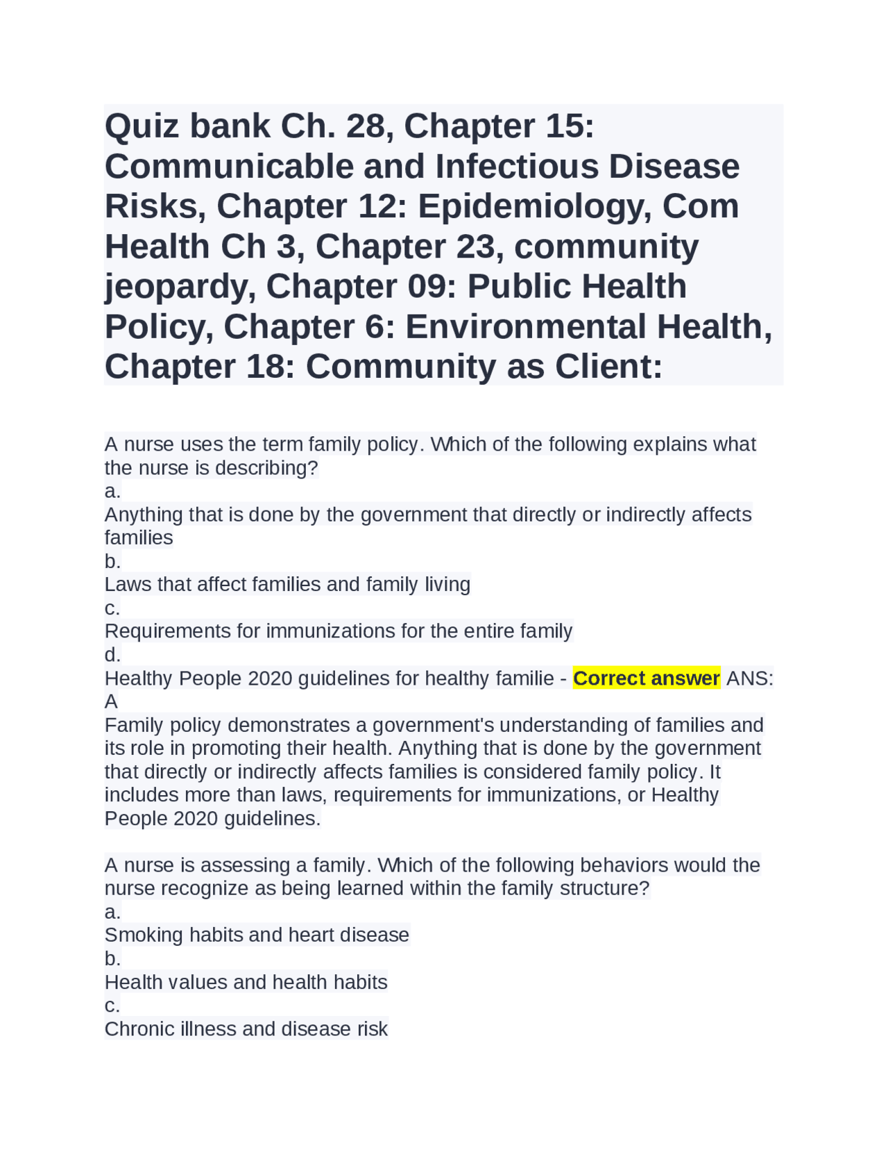 Quiz bank Ch. 28, Chapter 15: Communicable and Infectious Disease Risks ...