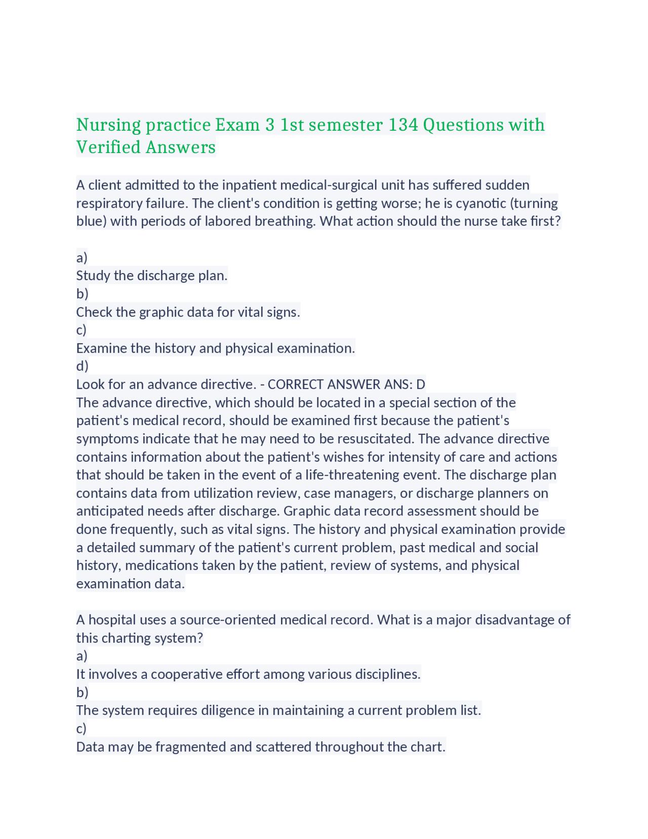 Nursing practice Exam 3 1st semester 134 Questions with Verified ...
