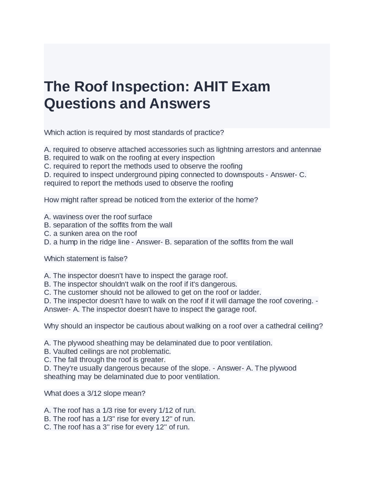 The Roof Inspection AHIT Exam Questions and Answers | Exams Advanced ...