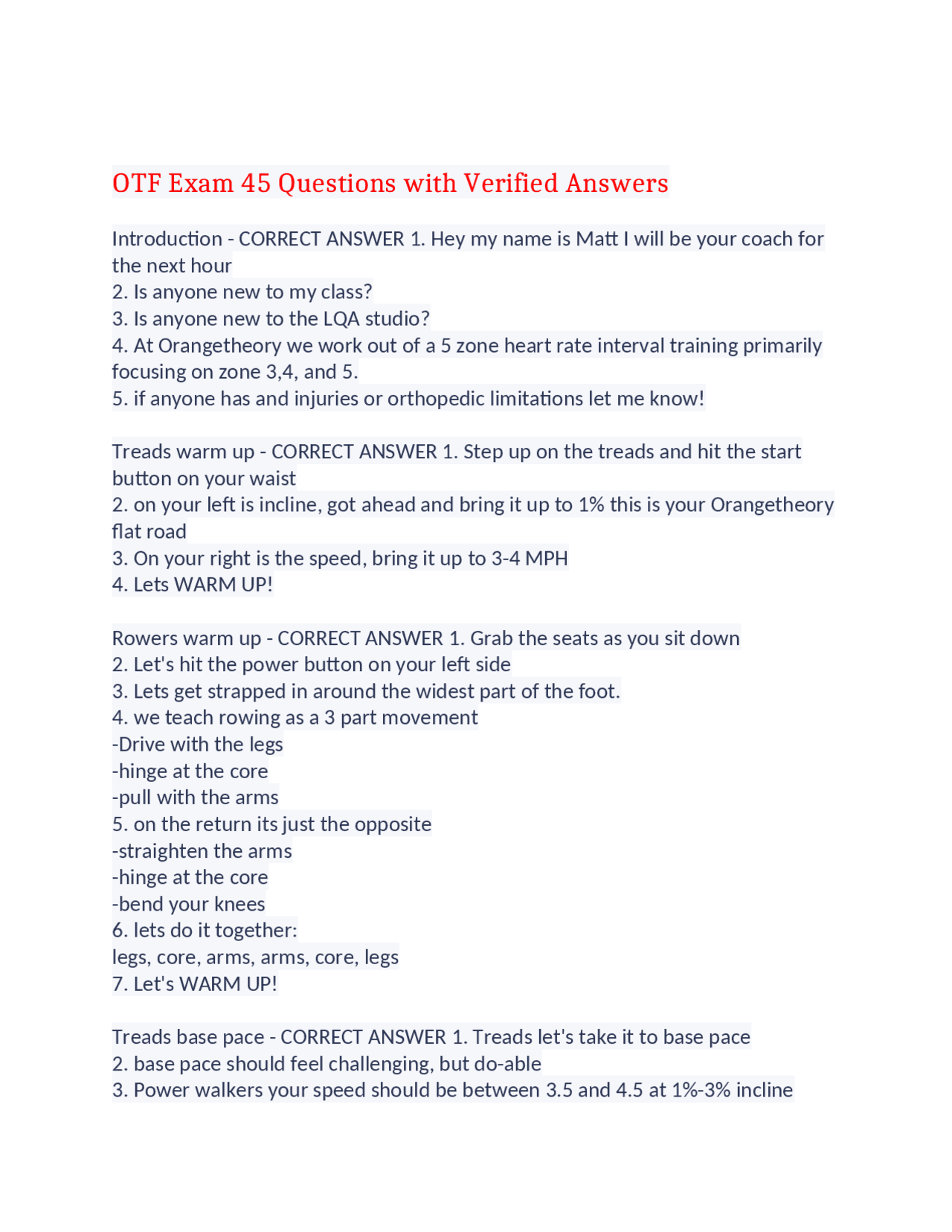 OTF Exam 45 Questions with Verified Answers | Exams Nursing | Docsity