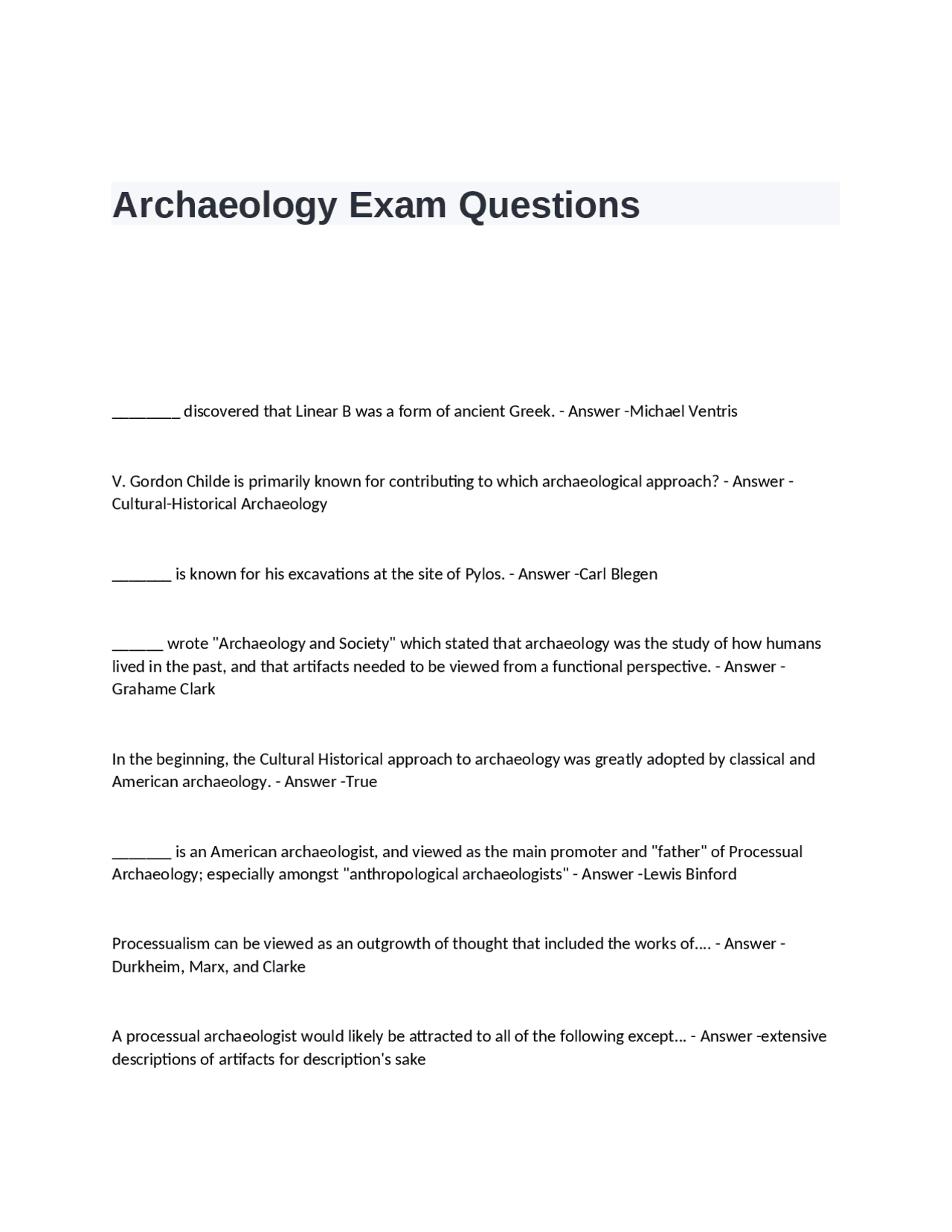 Archaeology Exam Questions and Answers | Exams Archeology | Docsity