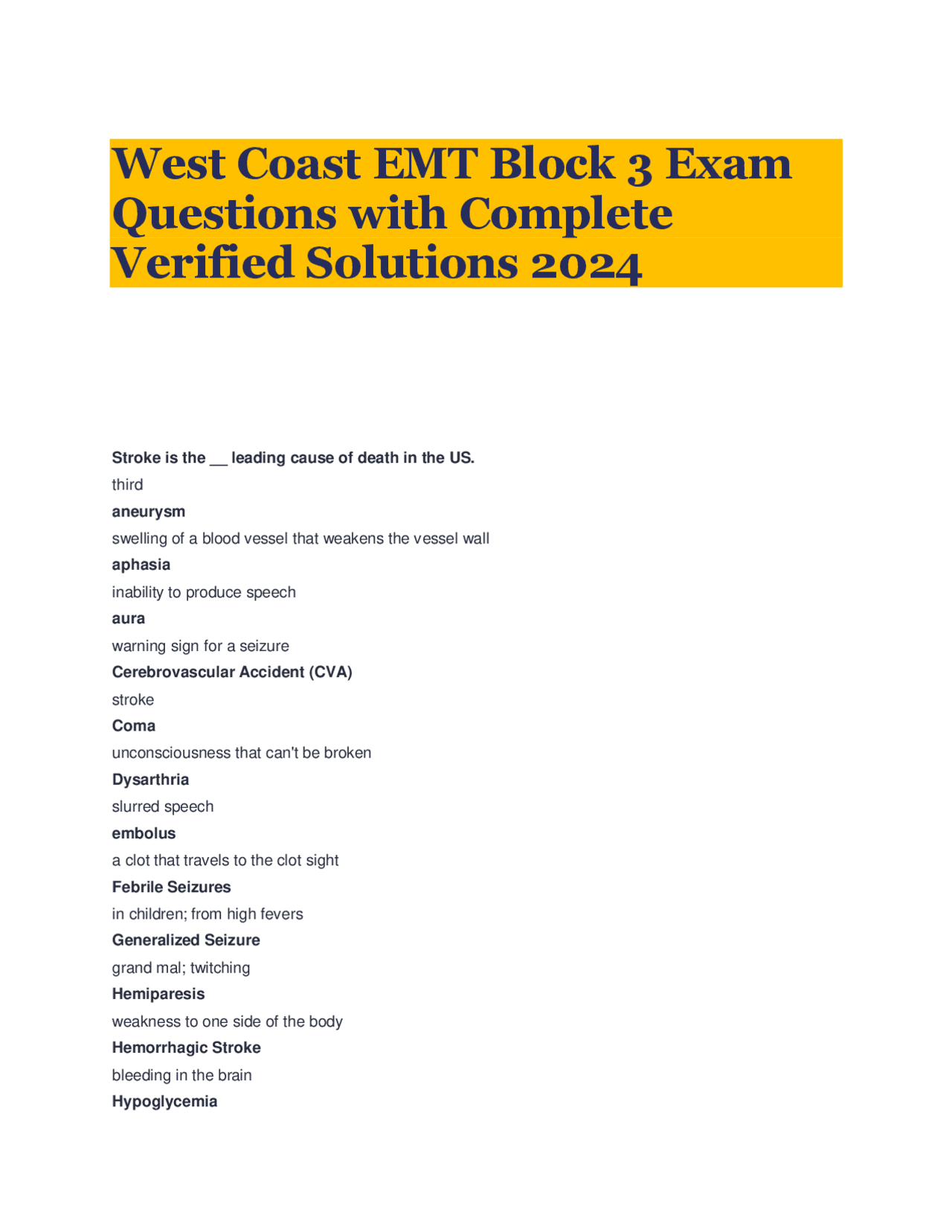 West Coast EMT Block 3 Exam Questions with Complete Verified Solutions 2024 | Exams Health ...