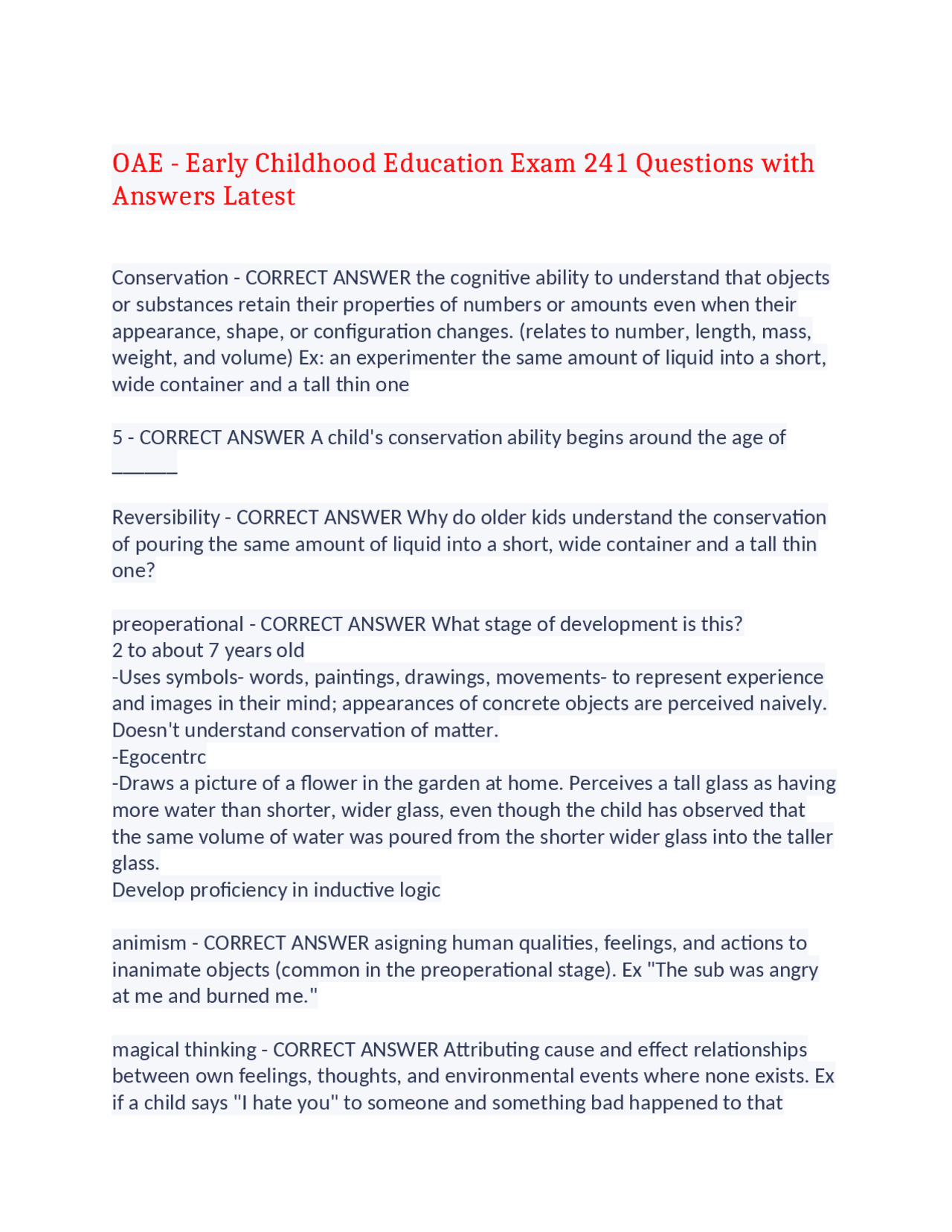 OAE - Early Childhood Education Exam 241 Questions with Answers Latest ...