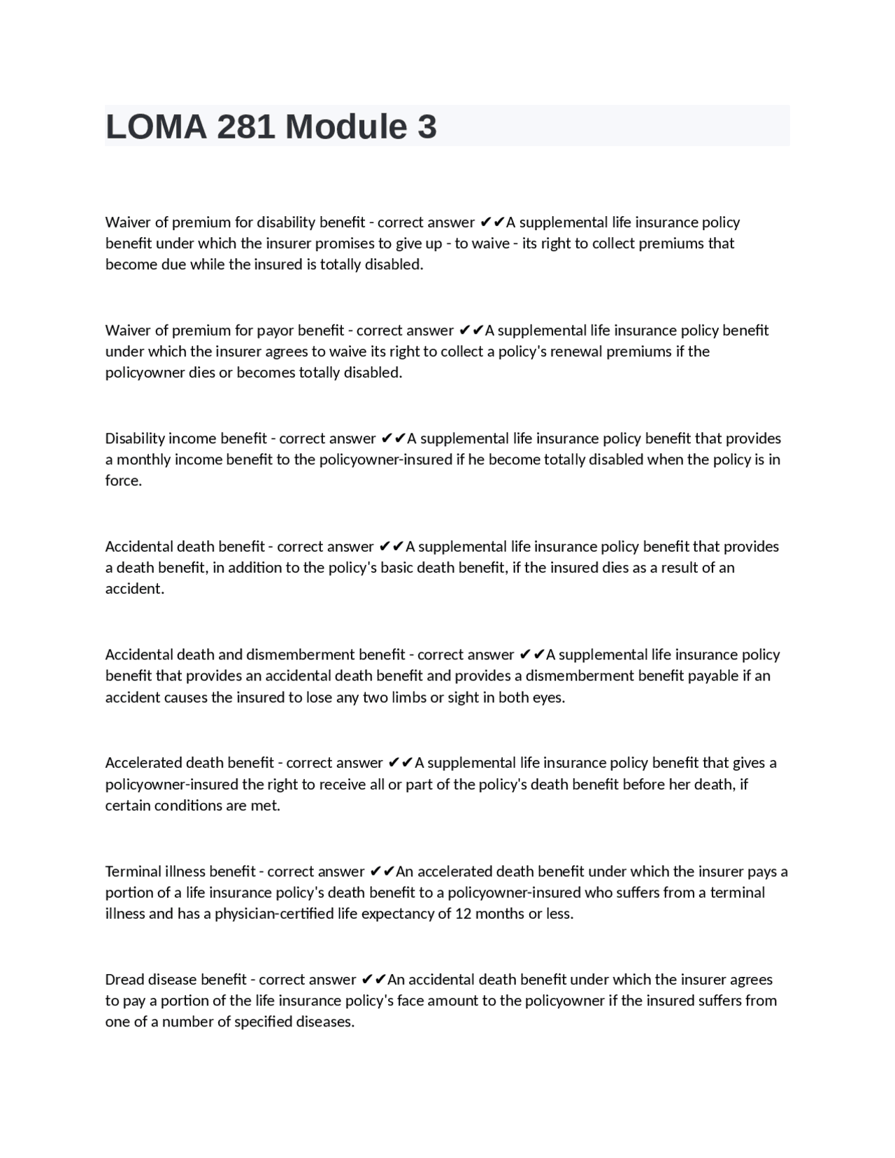 LOMA 281 Module 3 questions with complete solutions | Exams Nursing ...