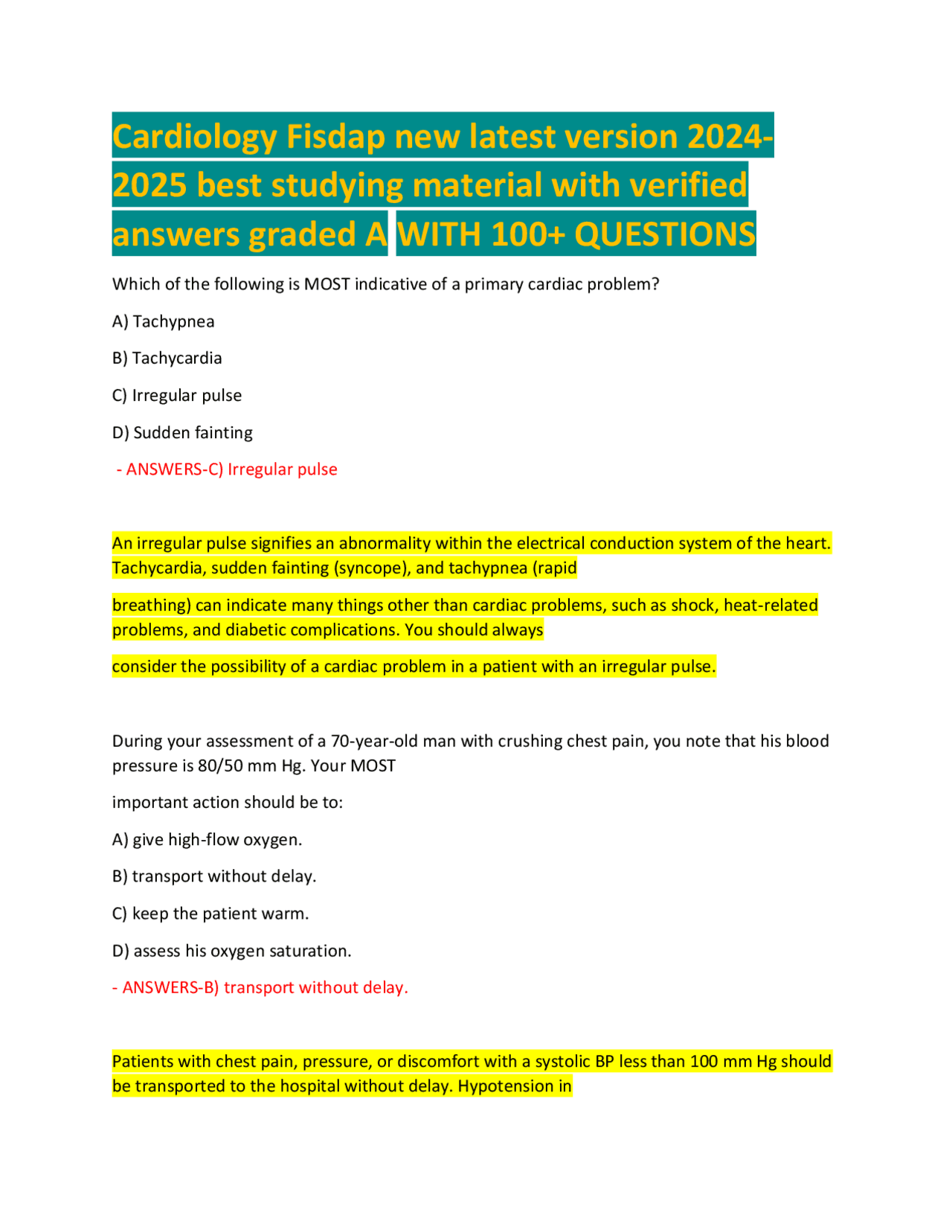 Cardiac Emergencies: Recognizing and Responding | Exams Nursing | Docsity
