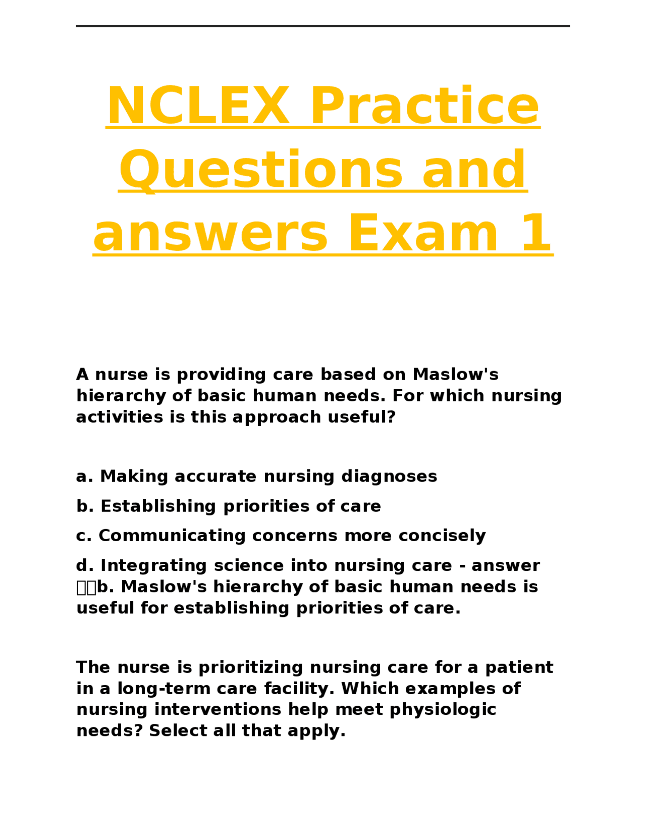 NCLEX Practice Questions and Answers Exam 1 | Exams Nursing | Docsity