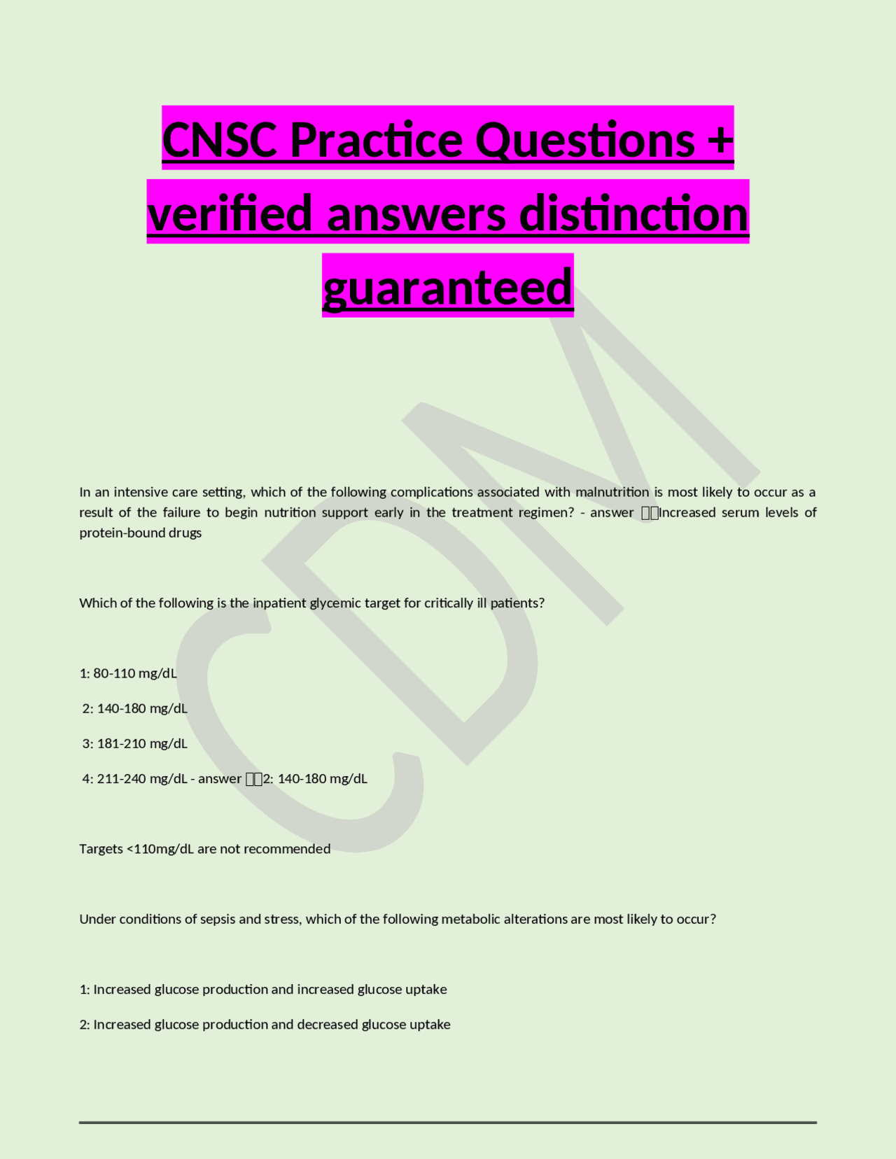 CNSC Practice Questions + verified answers distinction guaranteed ...