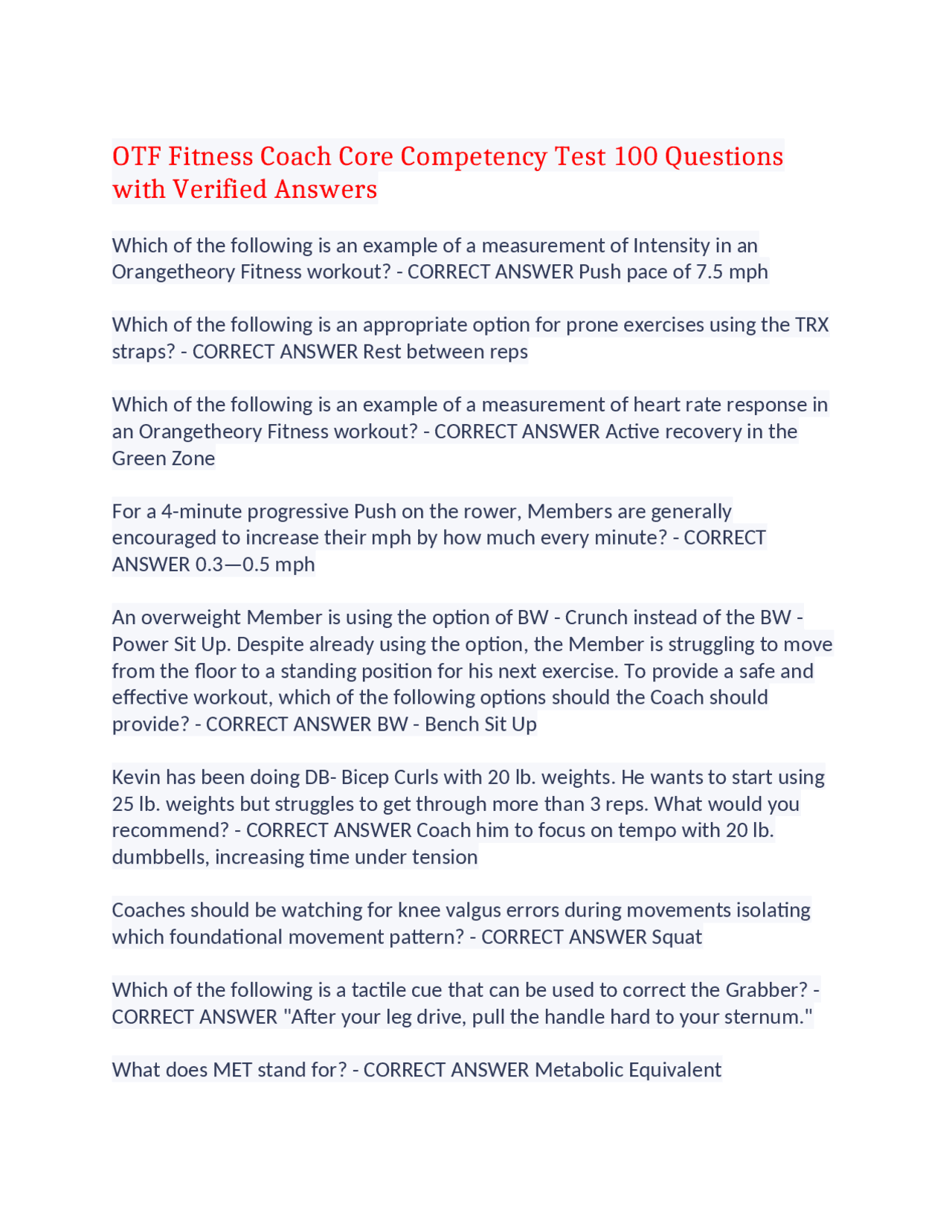 OTF Fitness Coach Core Competency Test 100 Questions with Verified ...
