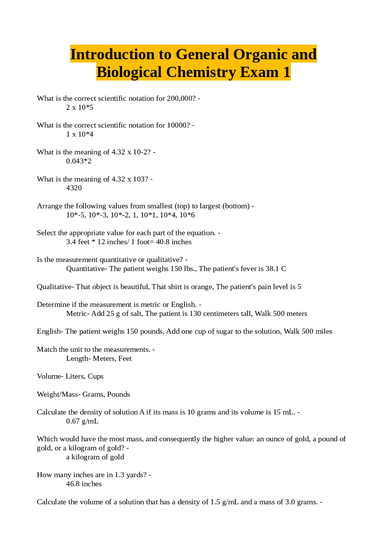 Introduction to General Organic and Biological Chemistry Exam 1 | Exams ...
