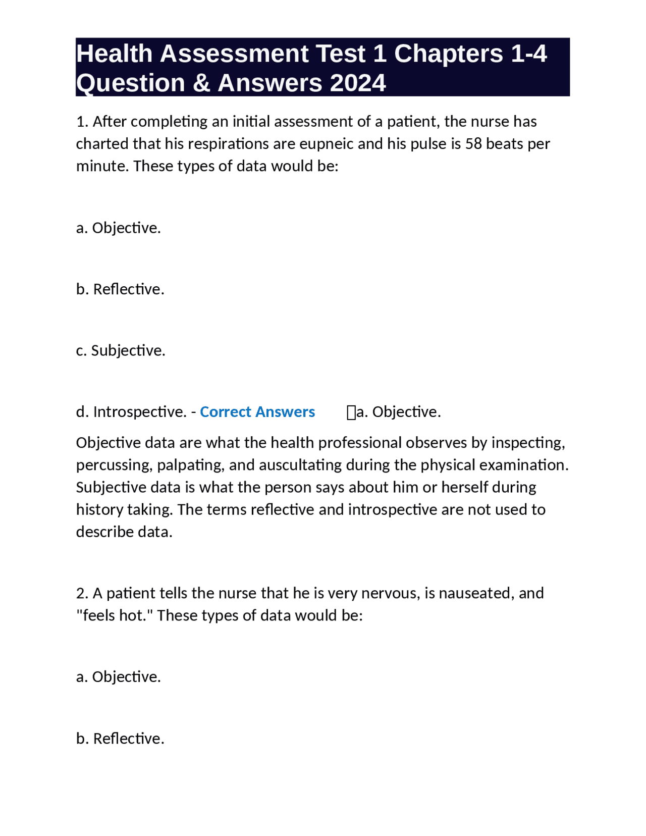 Health Assessment Test 1 Chapters 1-4 Questions & Answers 2024 | Exams ...