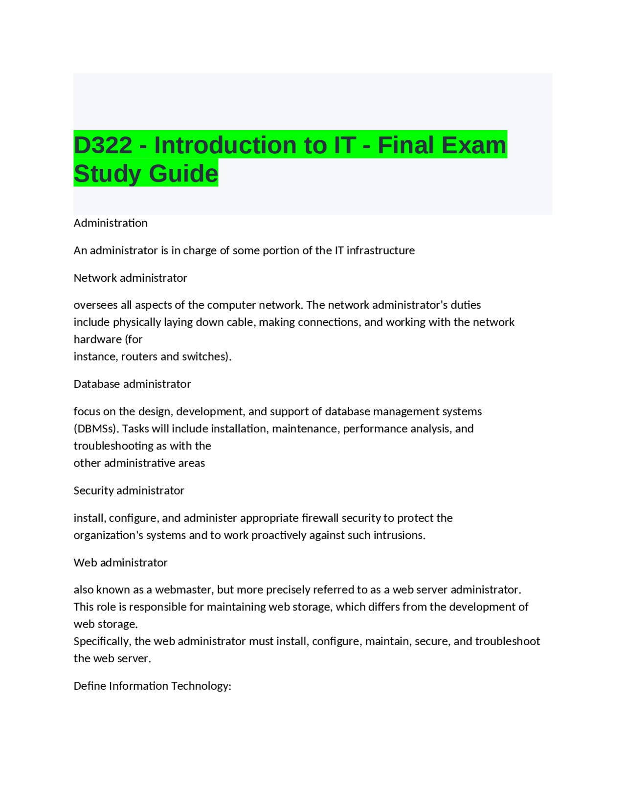 D322 - Introduction to IT - Final Exam Study Guide | Exams Advanced ...