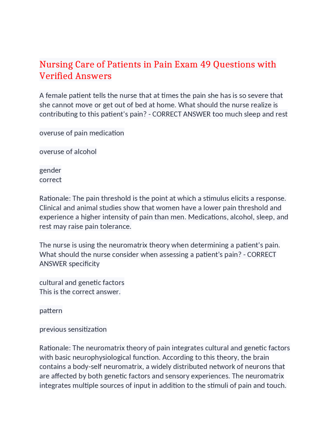 Pain Management in Chronic and Acute Conditions | Exams Nursing | Docsity