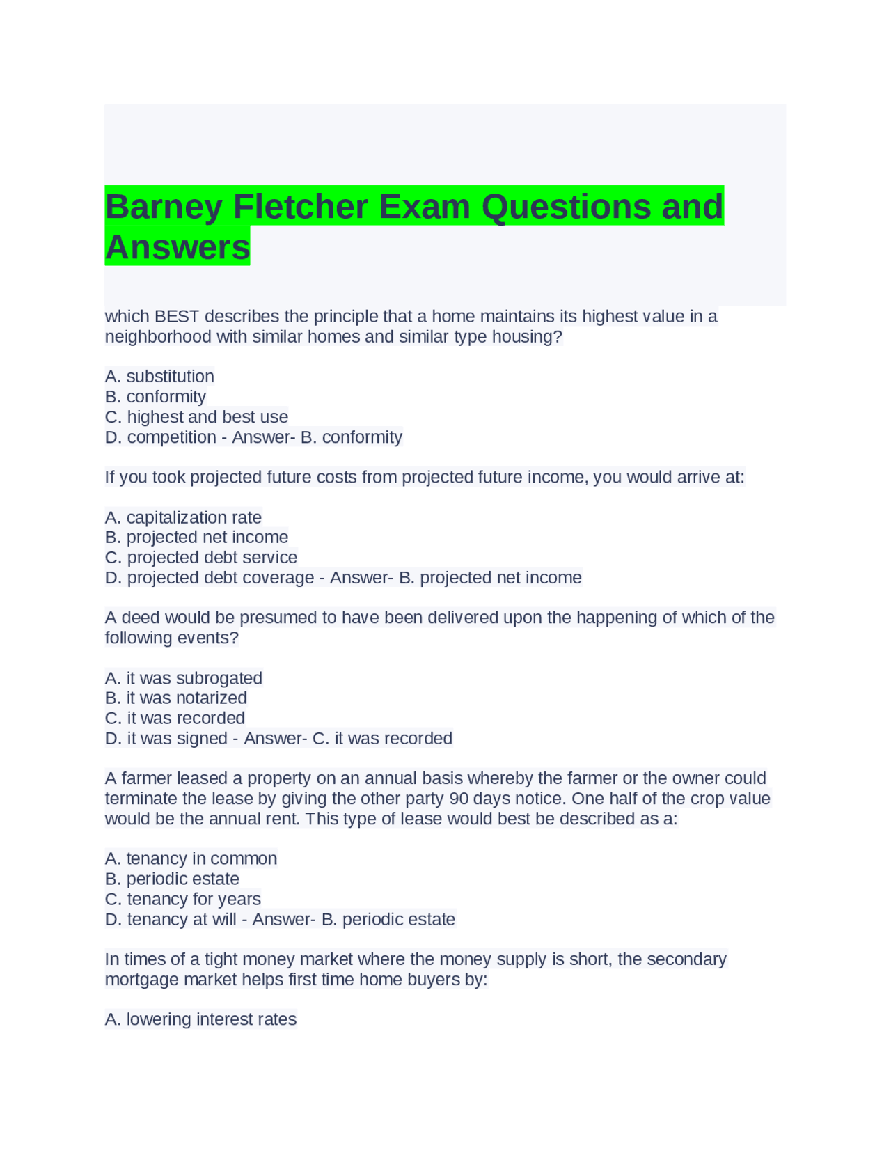 Real Estate Exam Questions and Answers | Exams Advanced Education | Docsity