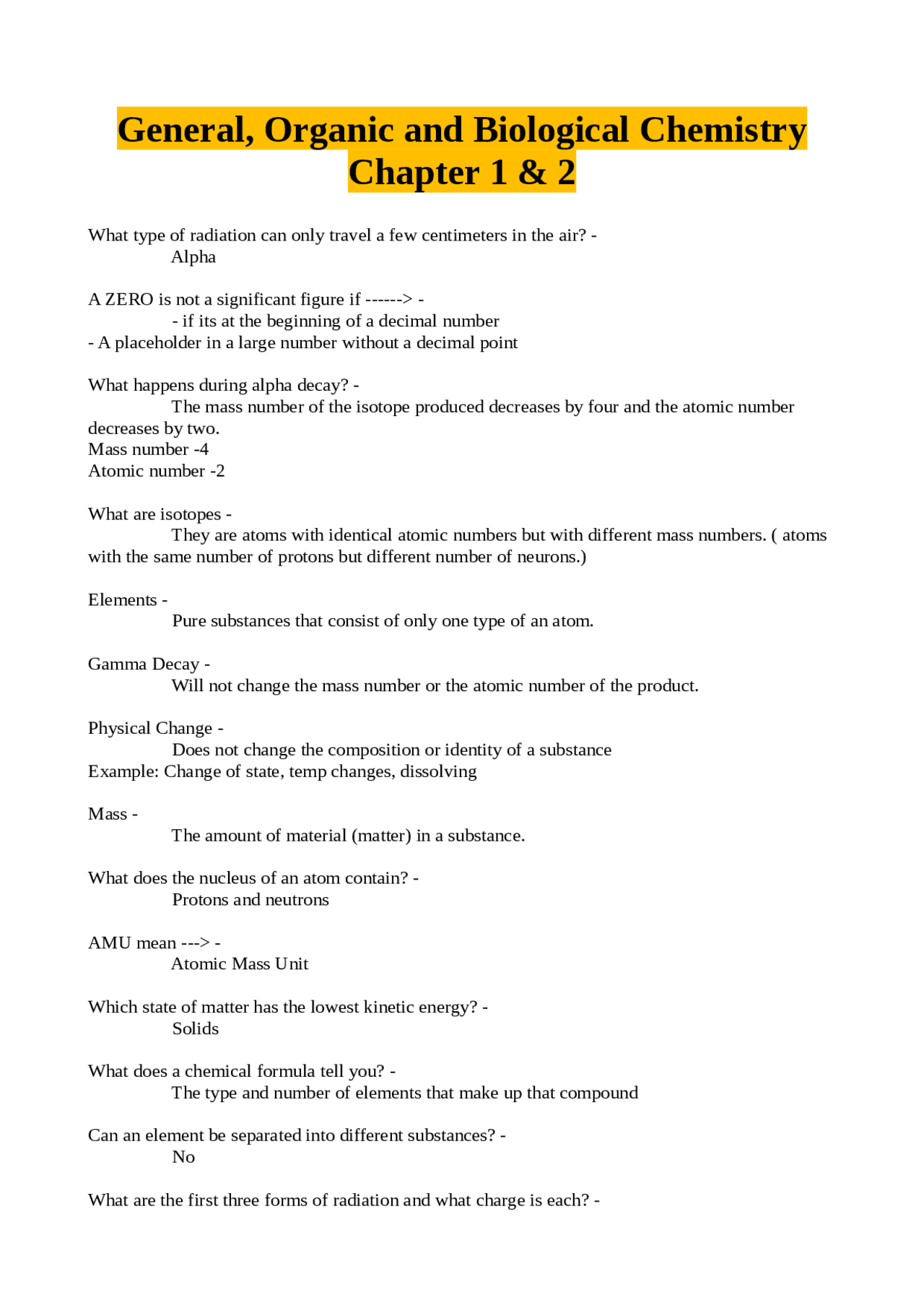 General, Organic and Biological Chemistry Chapter 1 & 2 | Exams ...
