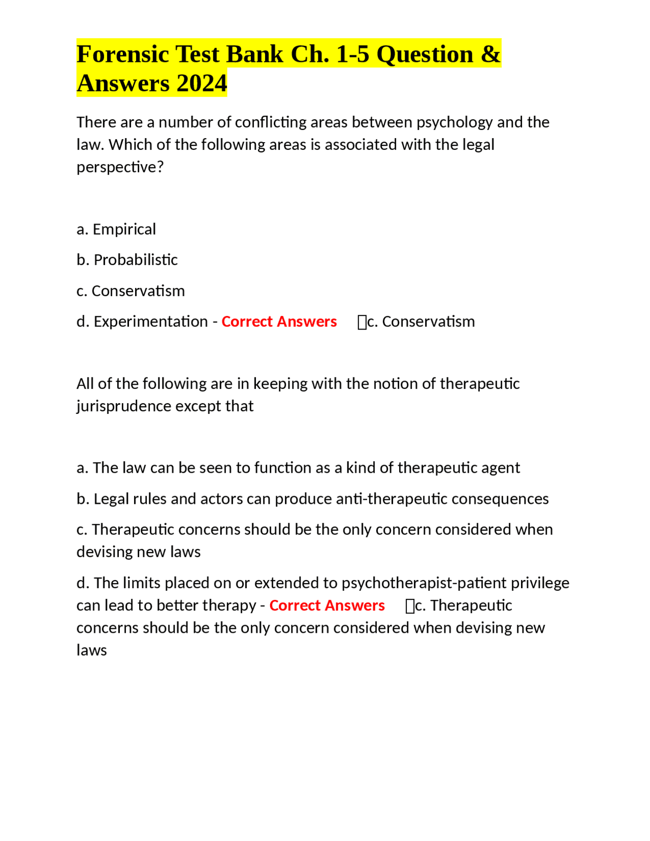 Forensic Psychology Test Bank | Exams Nursing | Docsity