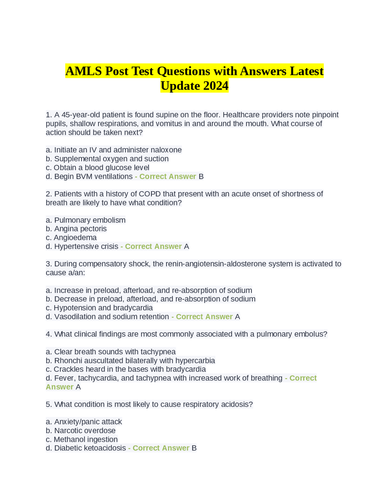 AMLS Post Test Questions with Answers Latest Update 2024 | Exams ...