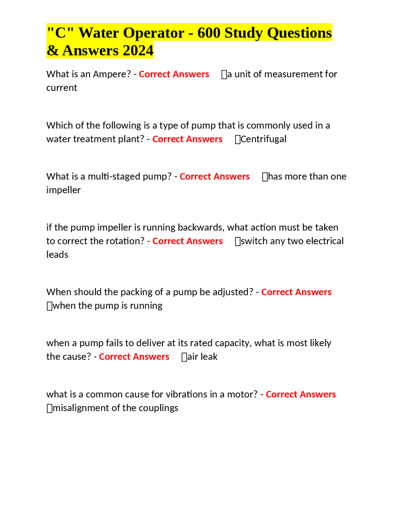 "C" Water Operator - 600 Study Questions & Answers 2024 | Exams Nursing ...