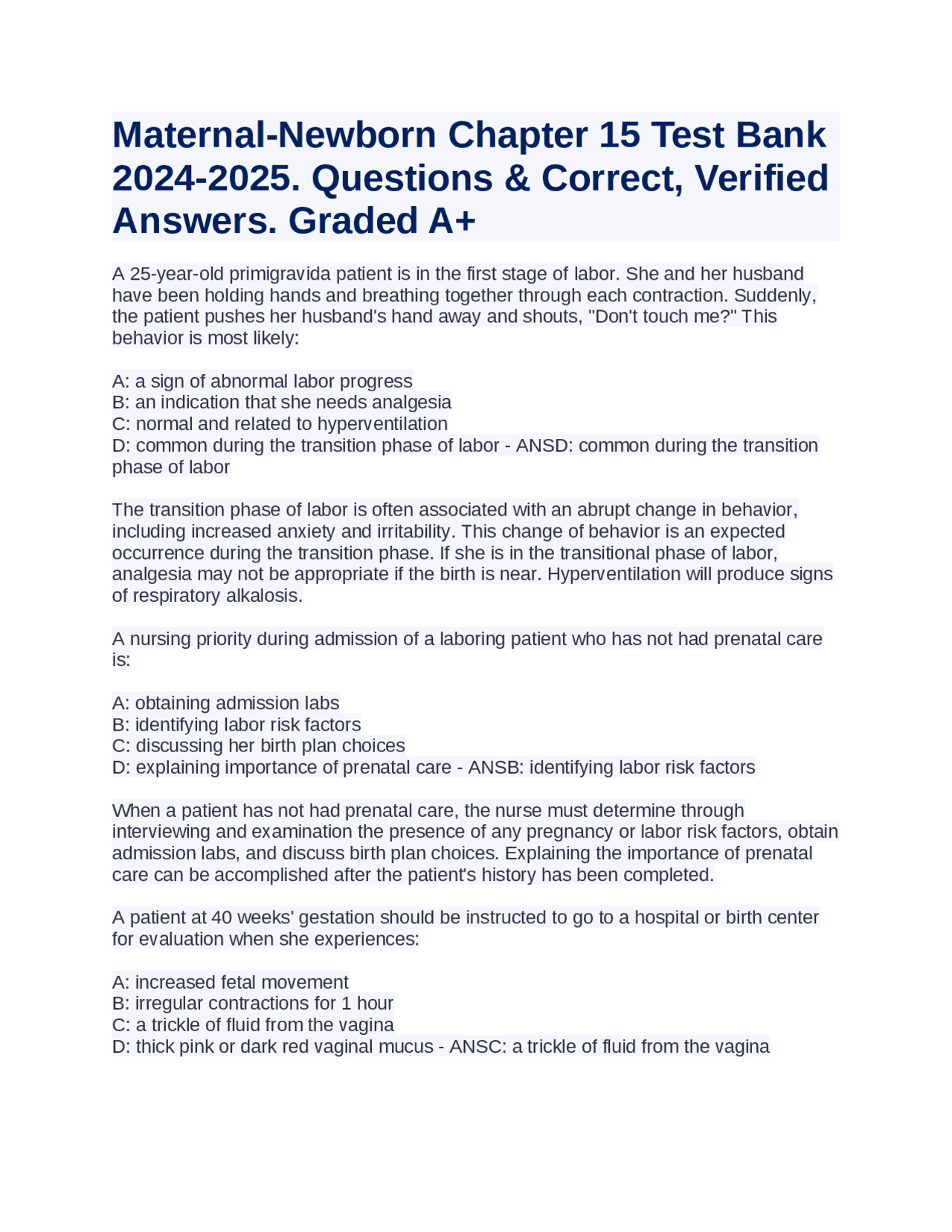 Nursing Assessments and Interventions in Labor and Delivery | Exams ...