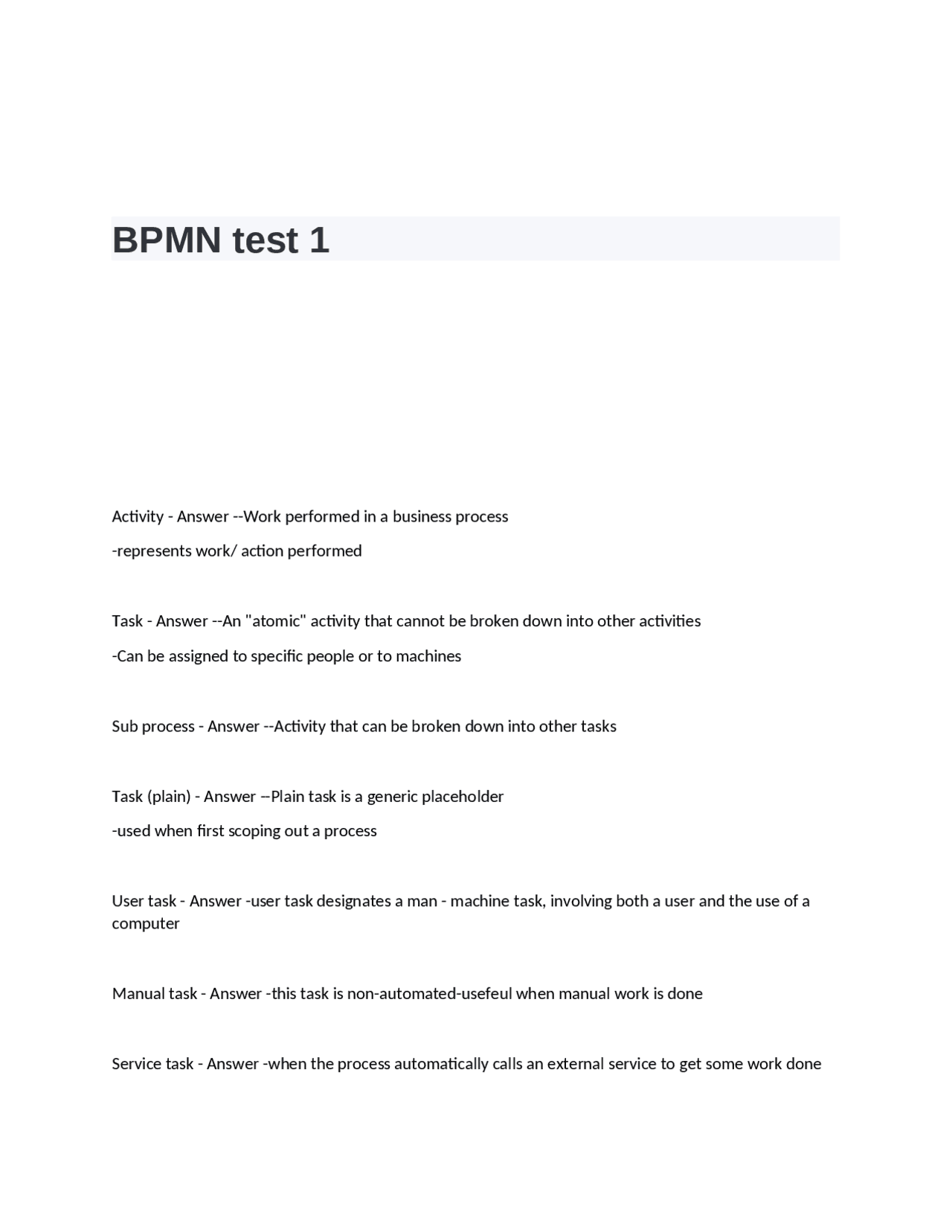 BPMN Test 1 Questions and Answers | Exams Nursing | Docsity