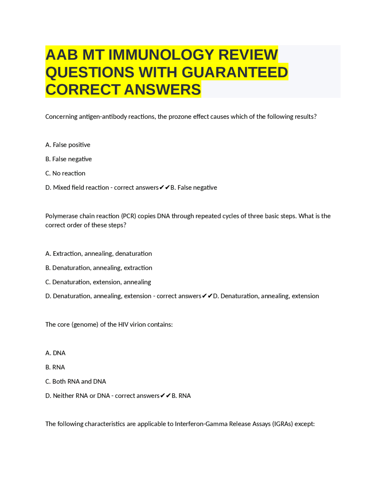 AAB MT IMMUNOLOGY REVIEW QUESTIONS WITH GUARANTEED CORRECT ANSWERS ...