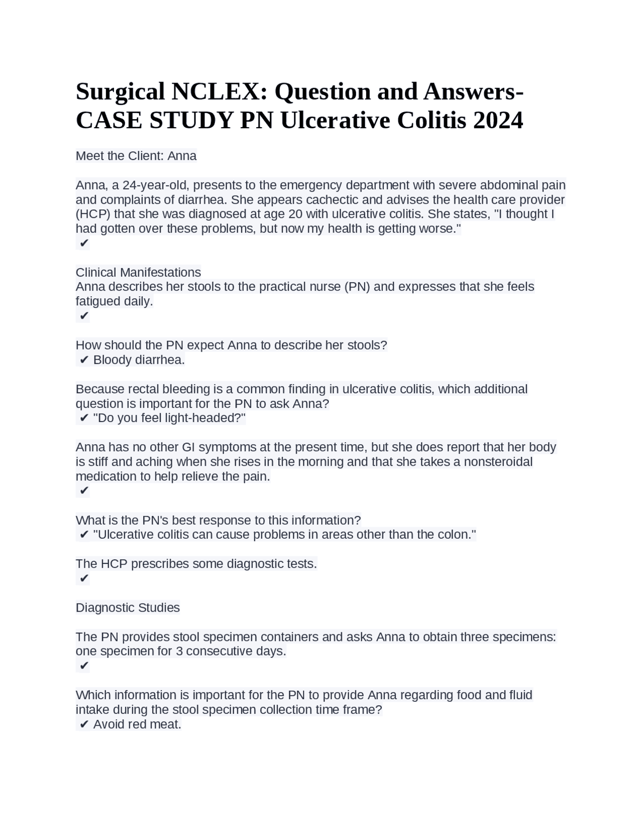 Surgical NCLEX: Question and Answers- CASE STUDY PN Ulcerative Colitis ...