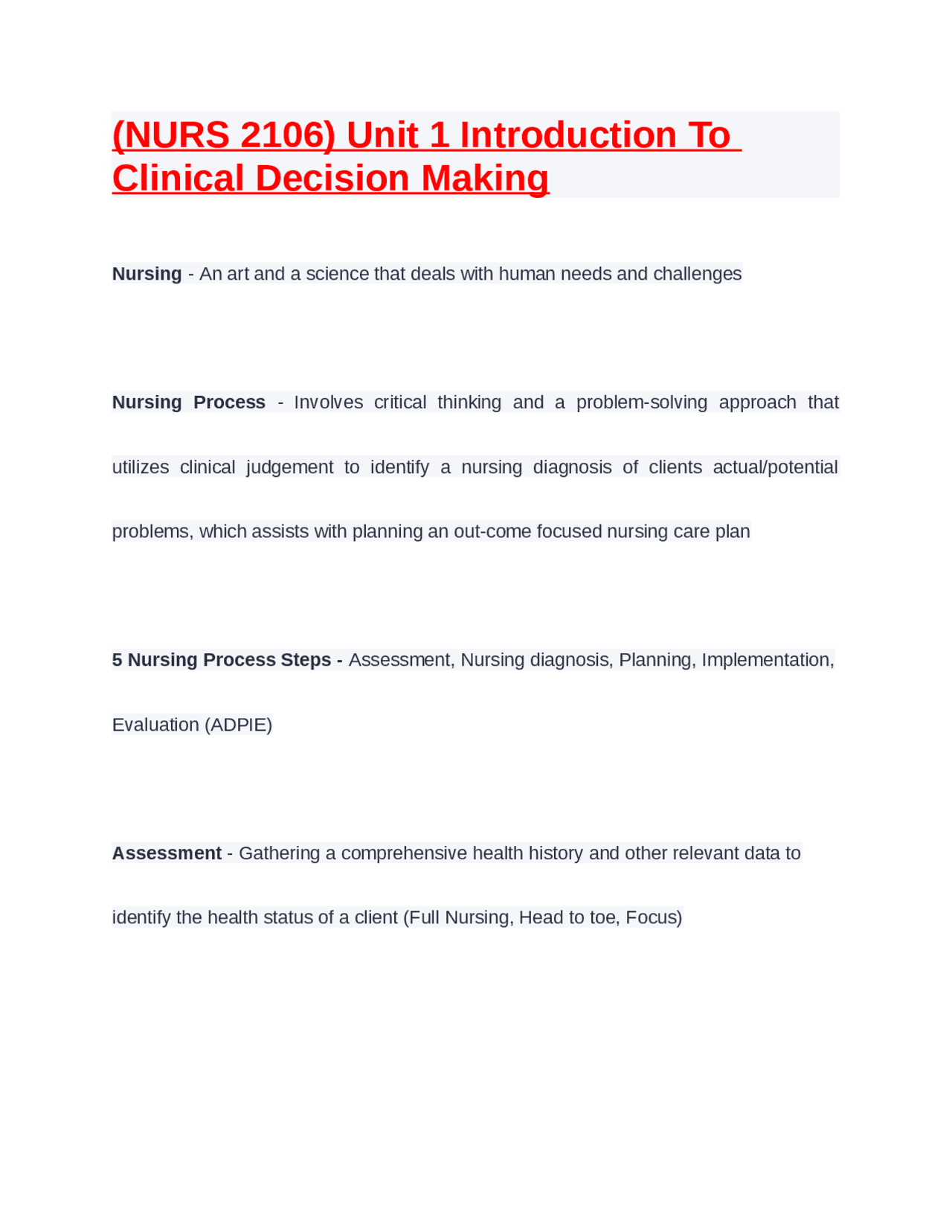 Introduction to Clinical Decision Making in Nursing | Exams Nursing | Docsity