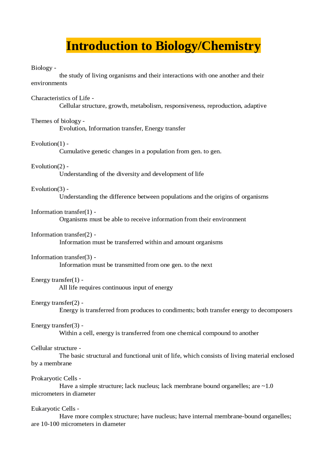 Introduction to Biology and Chemistry | Exams Biochemistry | Docsity