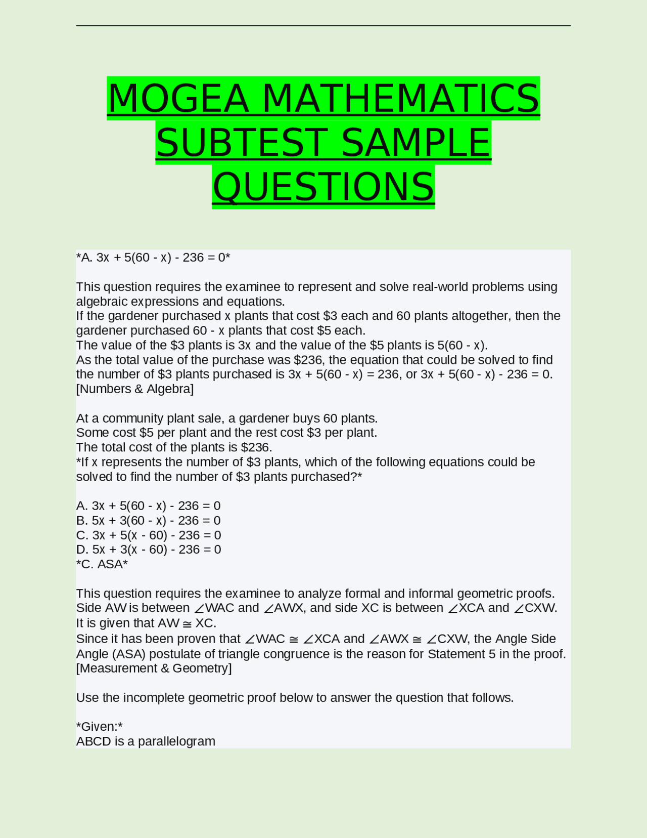 MOGEA MATHEMATICS SUBTEST SAMPLE QUESTIONS | Exams Nursing | Docsity