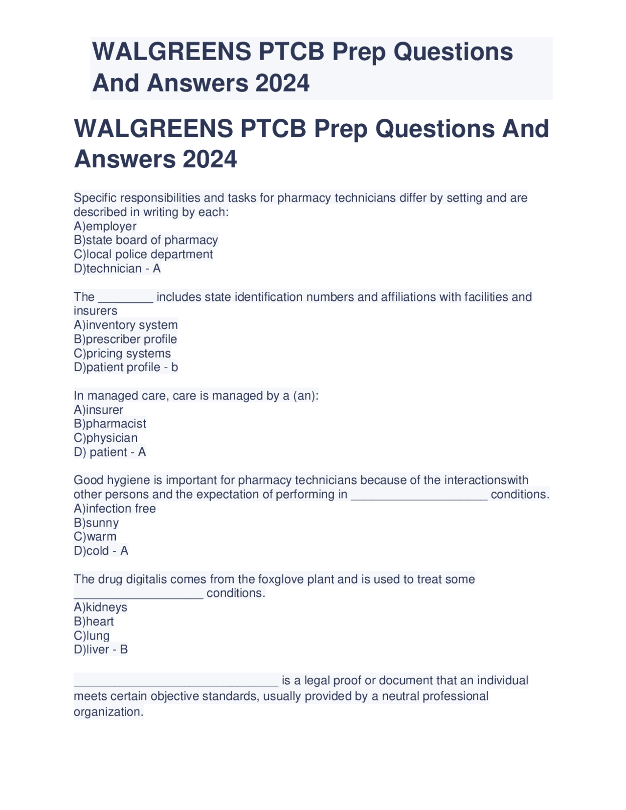 WALGREENS PTCB Prep Questions and Answers 2024 - Prof. Tutor | Exams ...