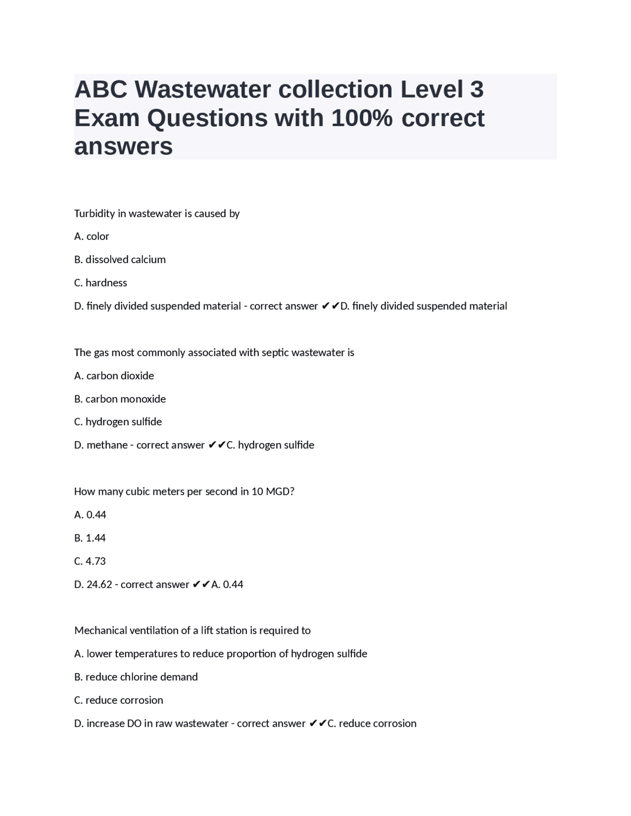ABC Wastewater collection Level 3 Exam Questions with 100% correct ...
