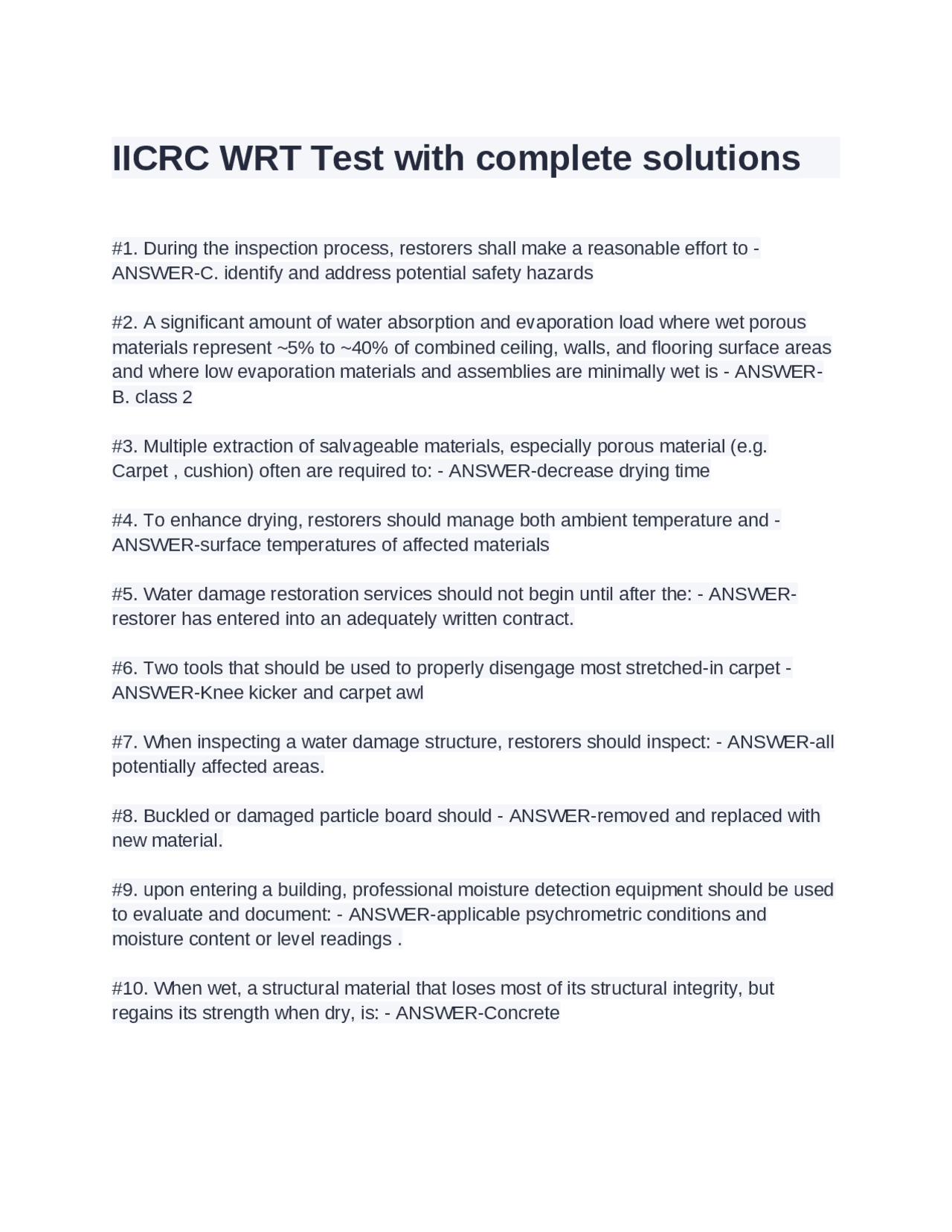 IICRC WRT Test with complete solutions | Exams Water and Wastewater ...