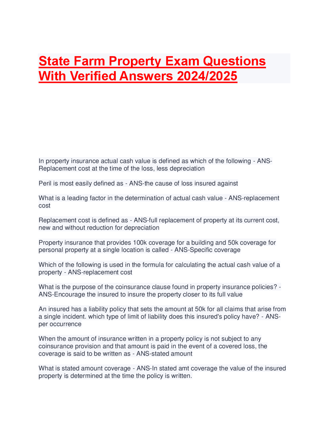 State Farm Property Exam Questions With Verified Answers 2024/2025 ...
