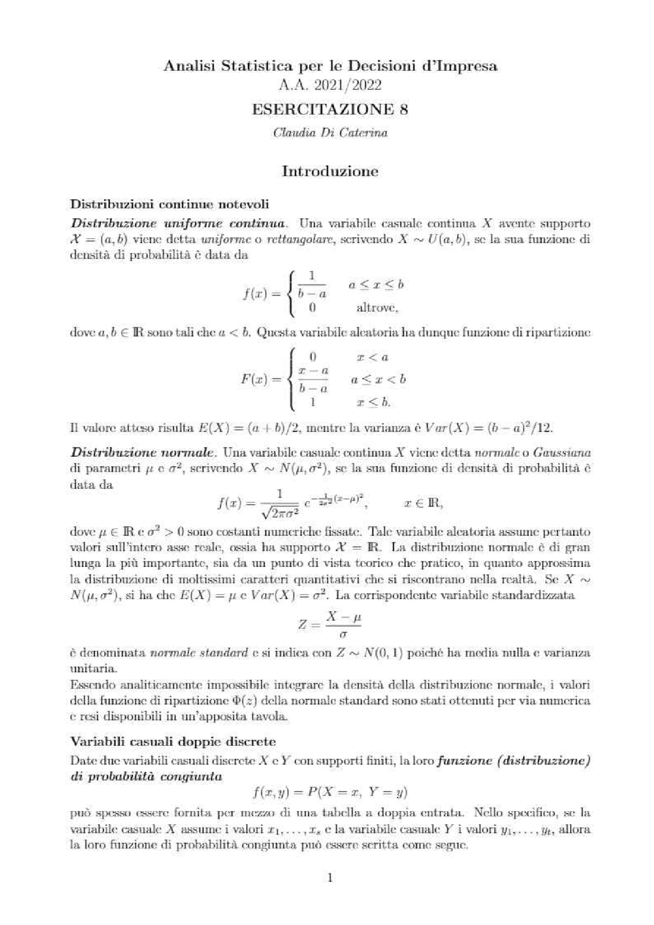 Esercitazione sulla probabilità (variabili casuali) | Esercizi di Statistica | Docsity
