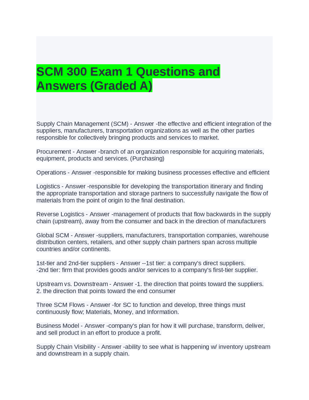 SCM 300 Exam 1 Questions and Answers | Exams Advanced Education | Docsity