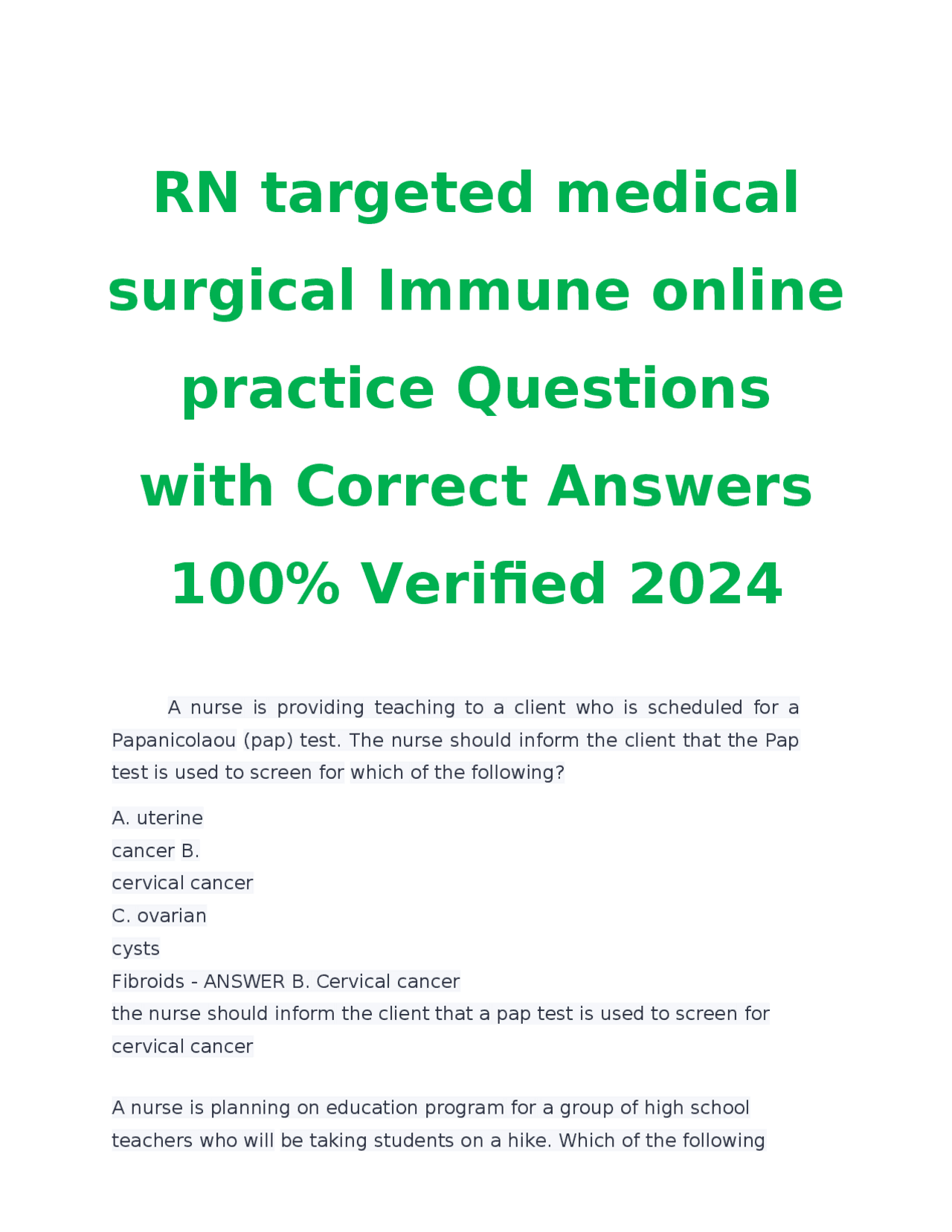 RN targeted medical surgical Immune online practice Questions with ...