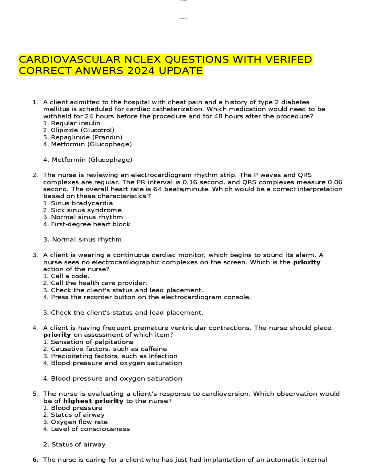 CARDIOVASCULAR NCLEX QUESTIONS WITH VERIFED CORRECT ANWERS 2024 UPDATE ...