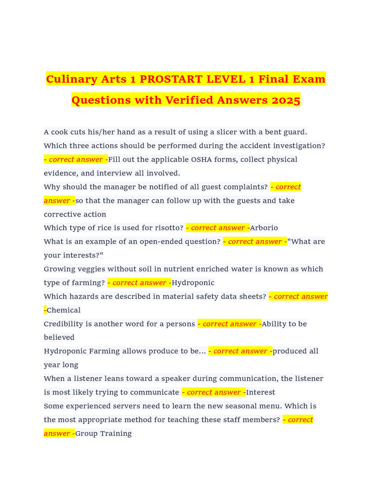 Culinary Arts 1 PROSTART LEVEL 1 Final Exam Questions with Verified ...