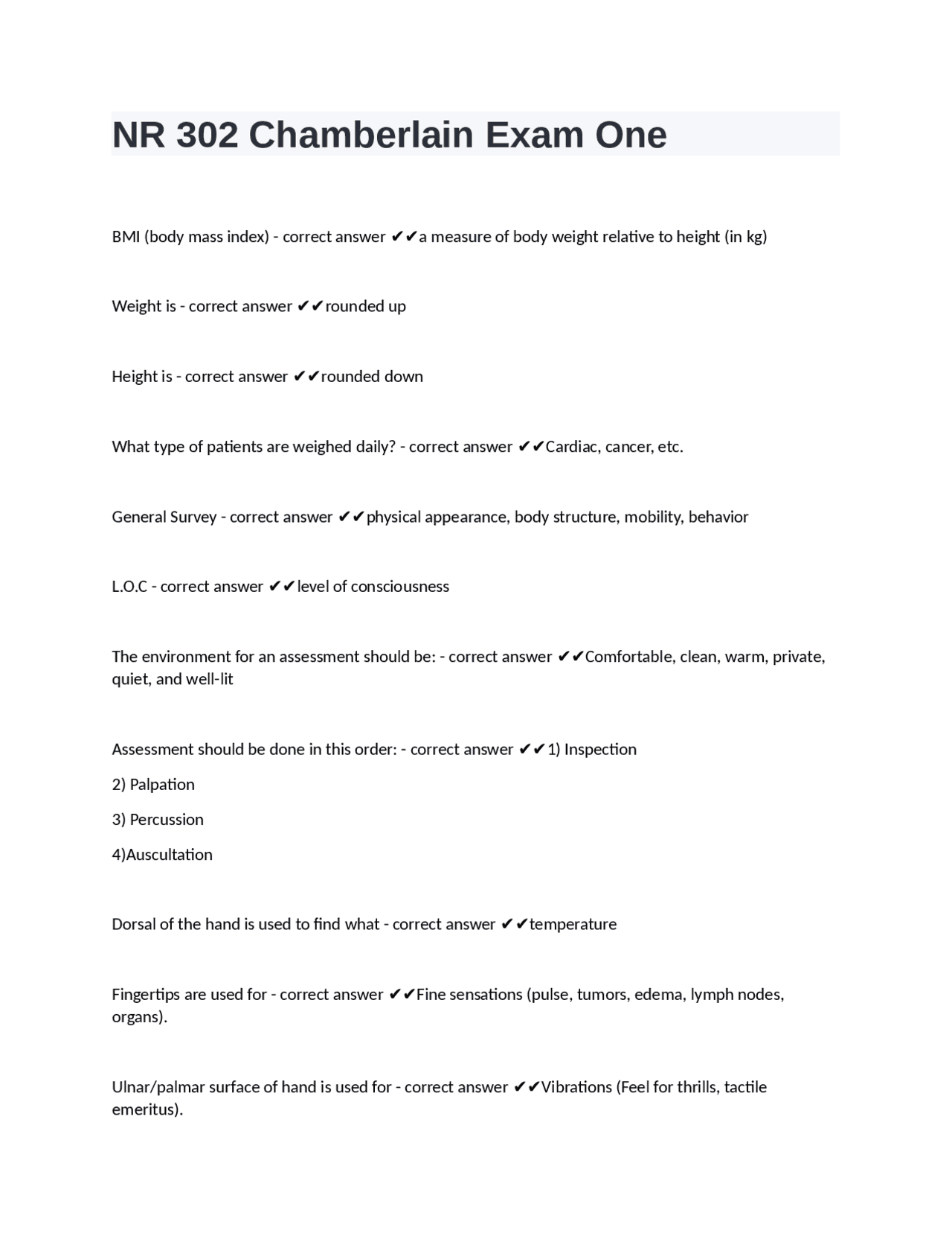 Chamberlain Exam One: Comprehensive Physical Assessment | Exams Nursing ...