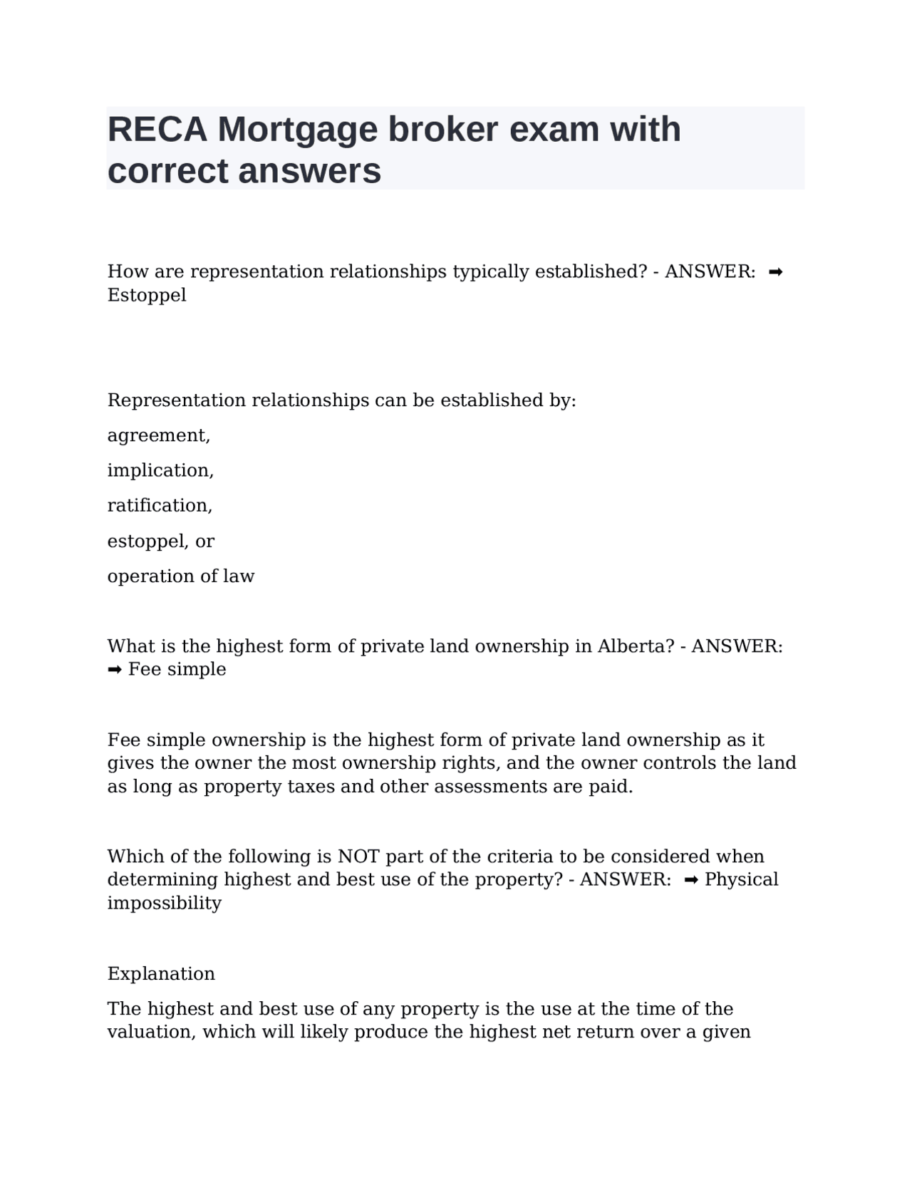 RECA Mortgage broker exam with correct answers | Exams Real Estate ...