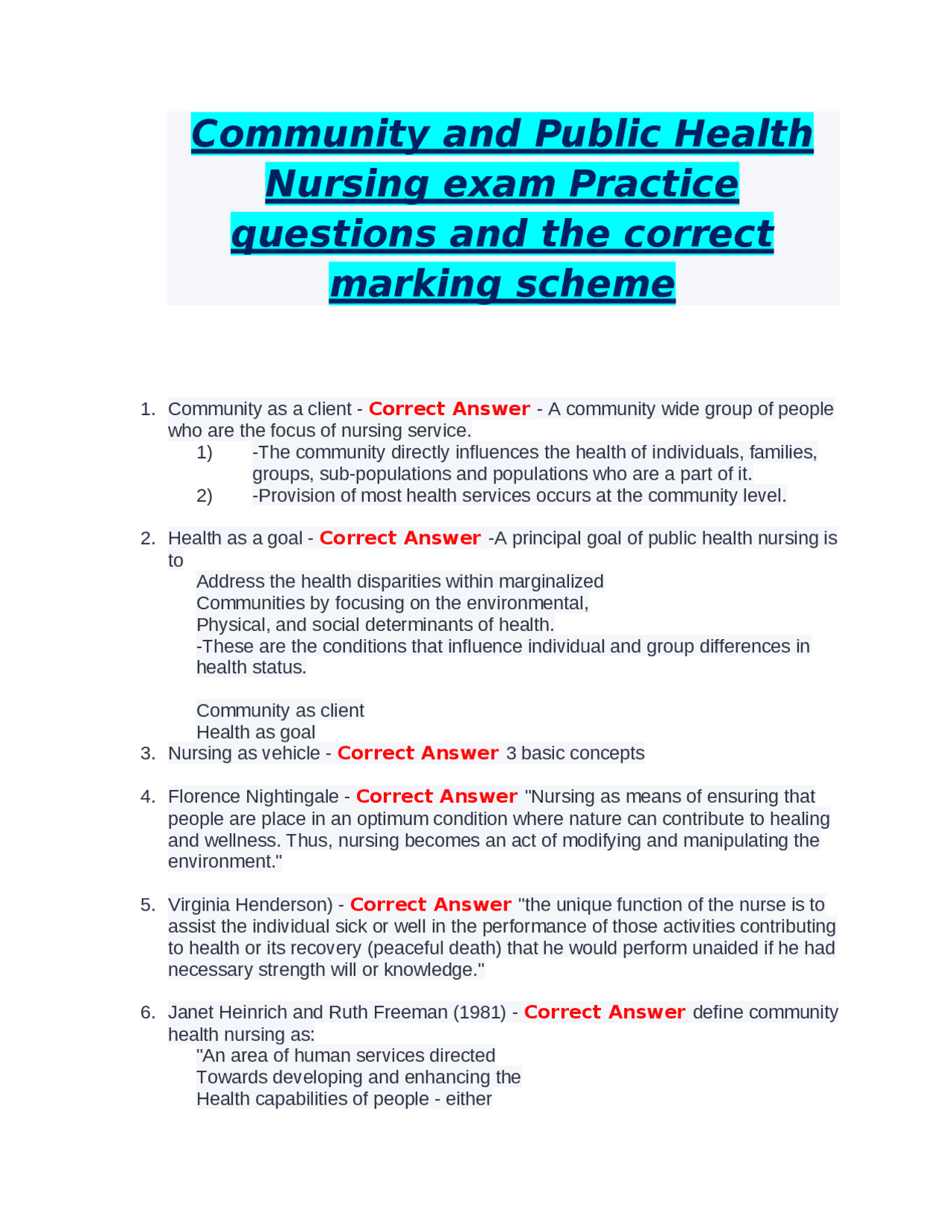 Community and Public Health Nursing exam Practice questions and the ...
