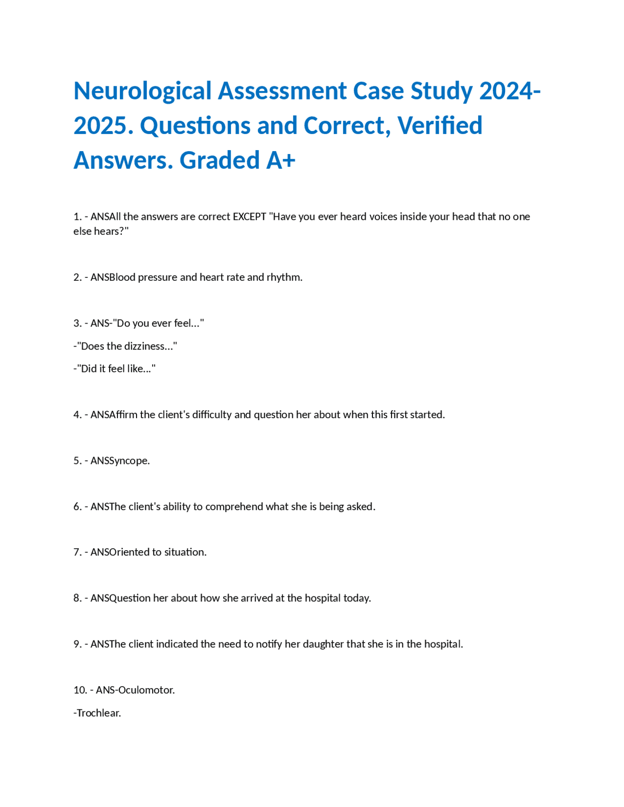 Neurological Assessment Case Study 2024-2025. Questions and Correct ...